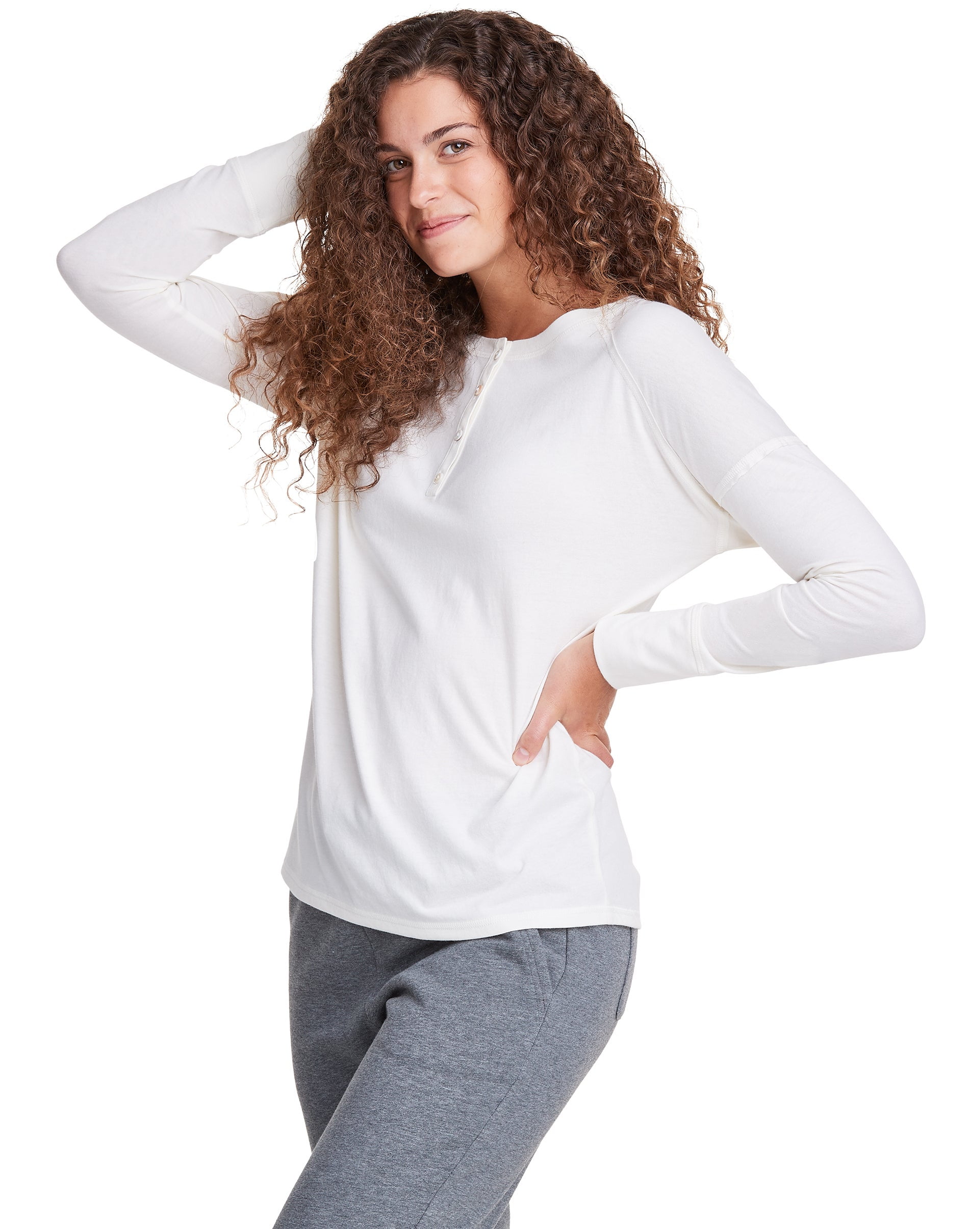 Hanes Women's Luxe Collection Relaxed Henley Jersey Tunic Chalk White L ...