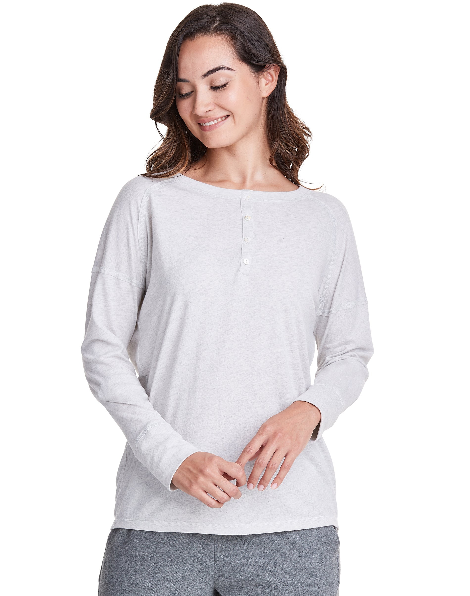 Hanes Women's Luxe Collection Relaxed Henley Jersey Tunic Light Steel L ...