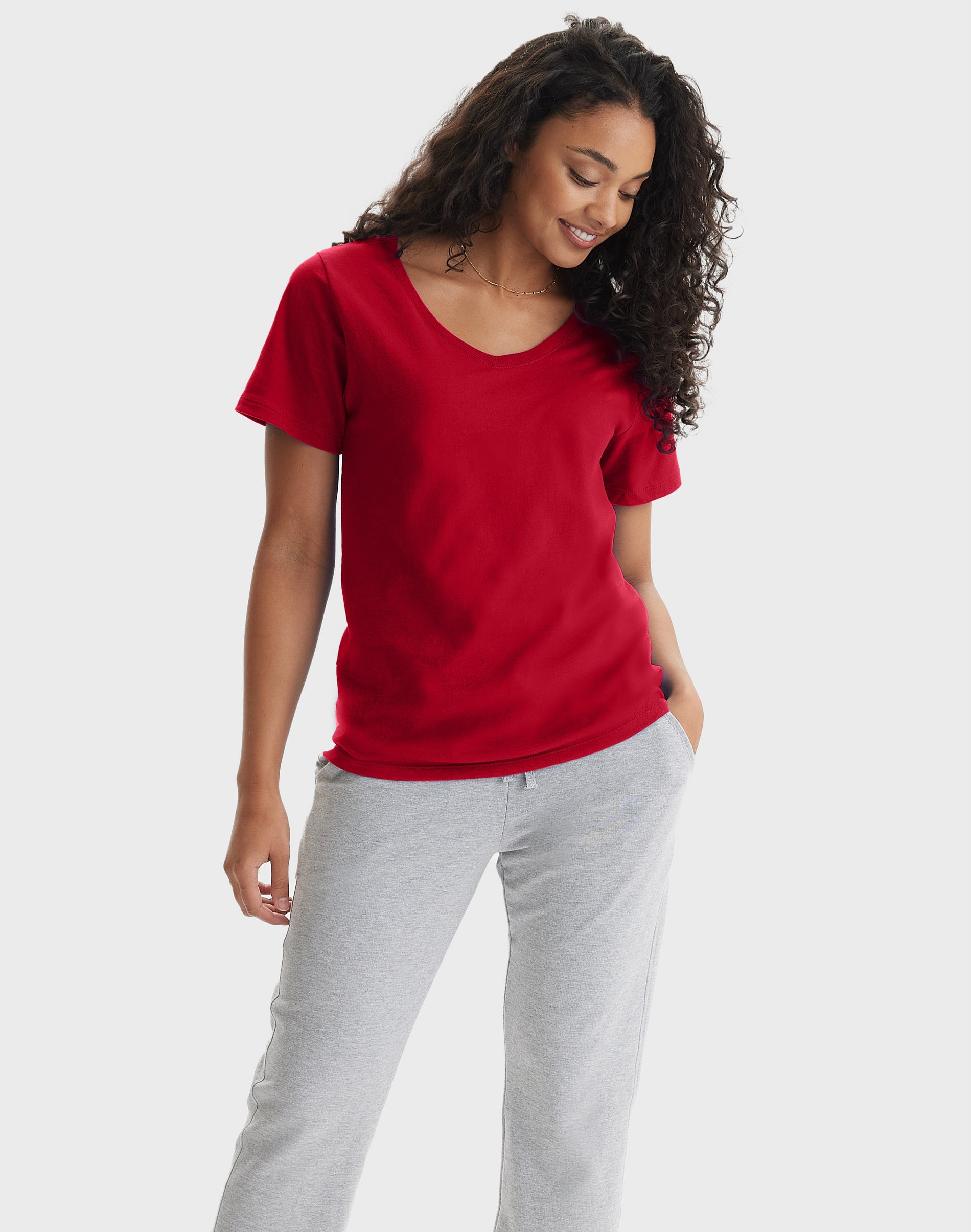 Hanes Perfect-T Women's V-Neck Cotton T-Shirt Deep Red L - Walmart.com