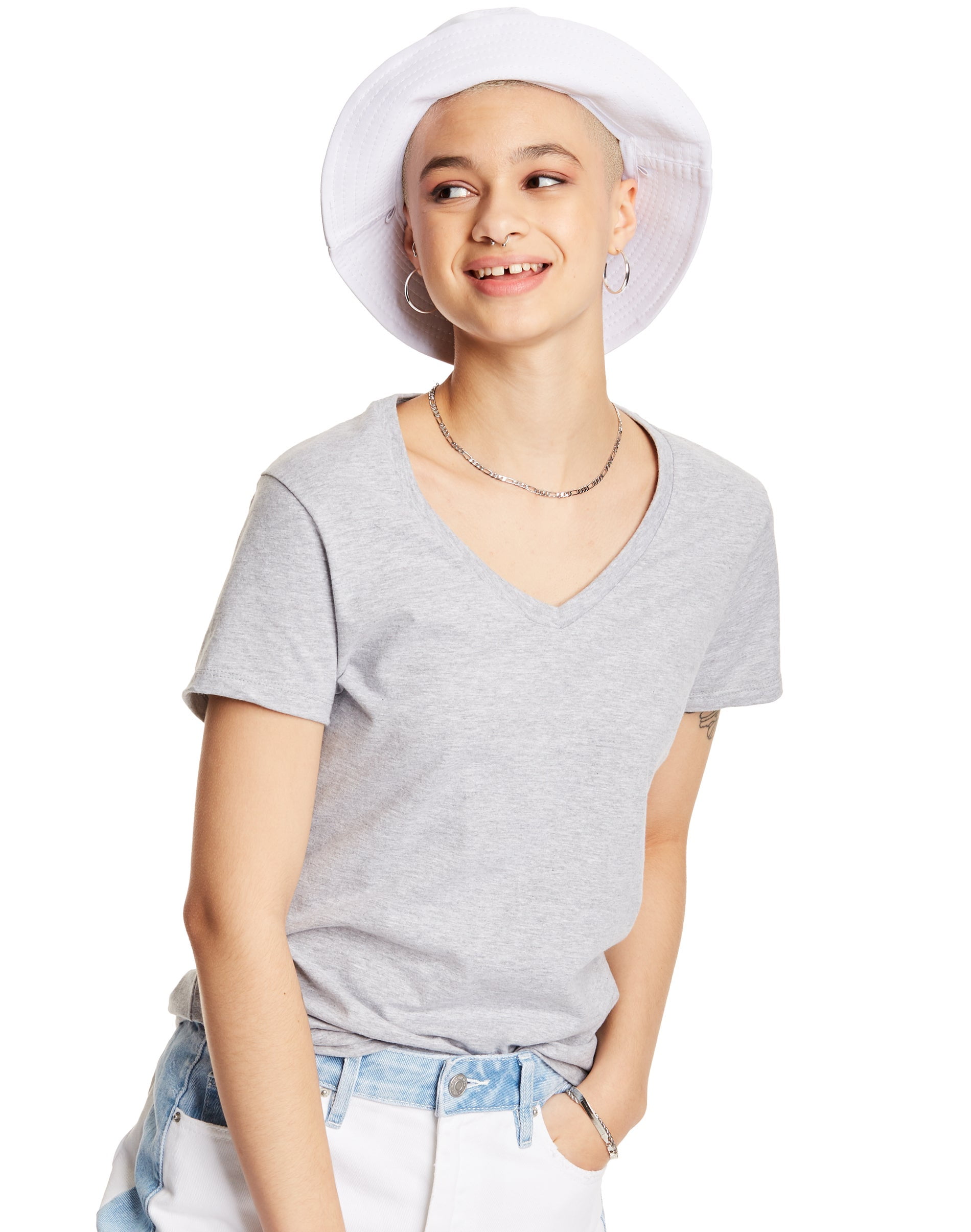 Hanes Perfect-T Women's V-Neck Cotton T-Shirt Light Steel L - Walmart.com