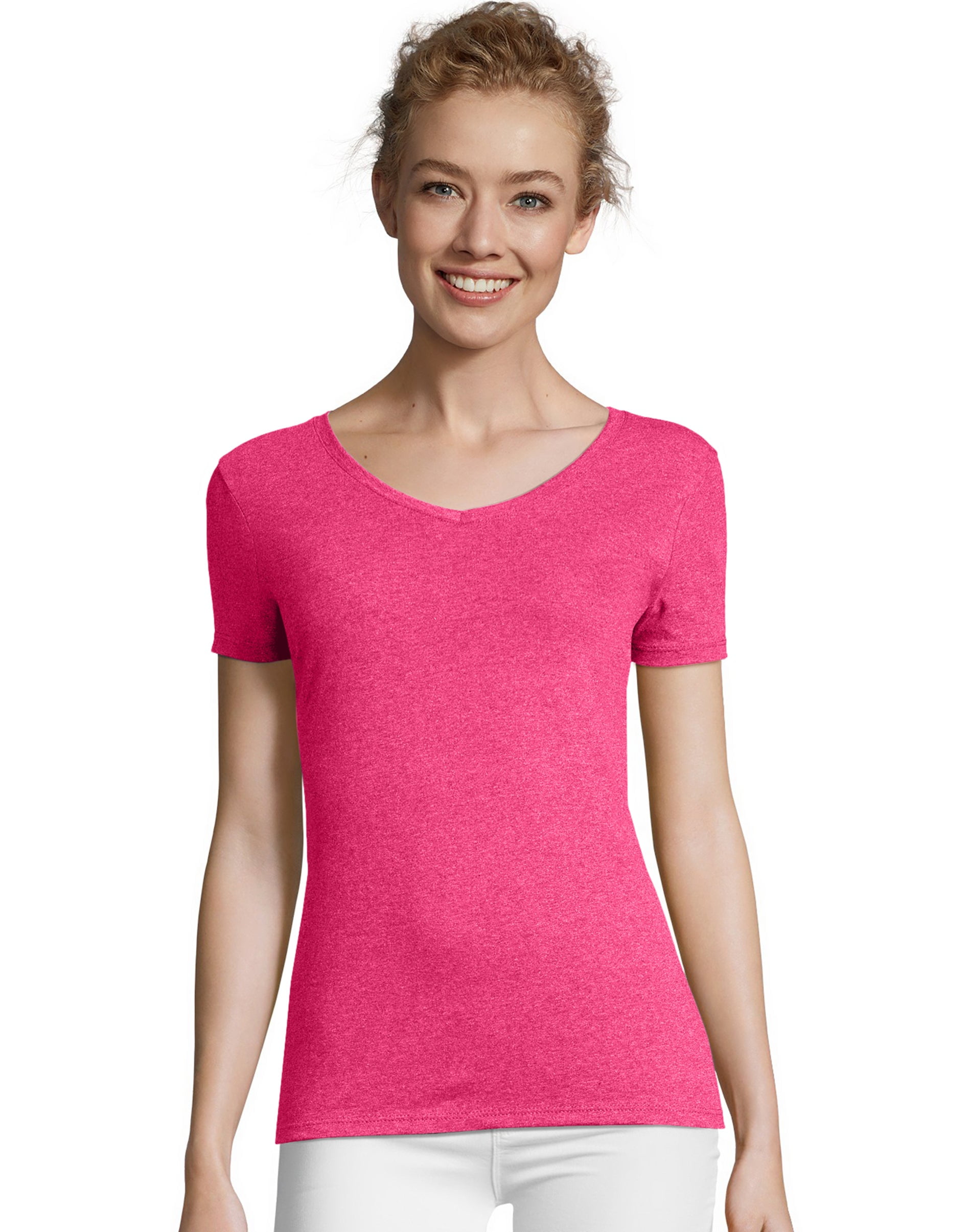 Hanes Perfect-T Women's Tri-Blend V-Neck T-Shirt Jazzberry Pink Heather ...