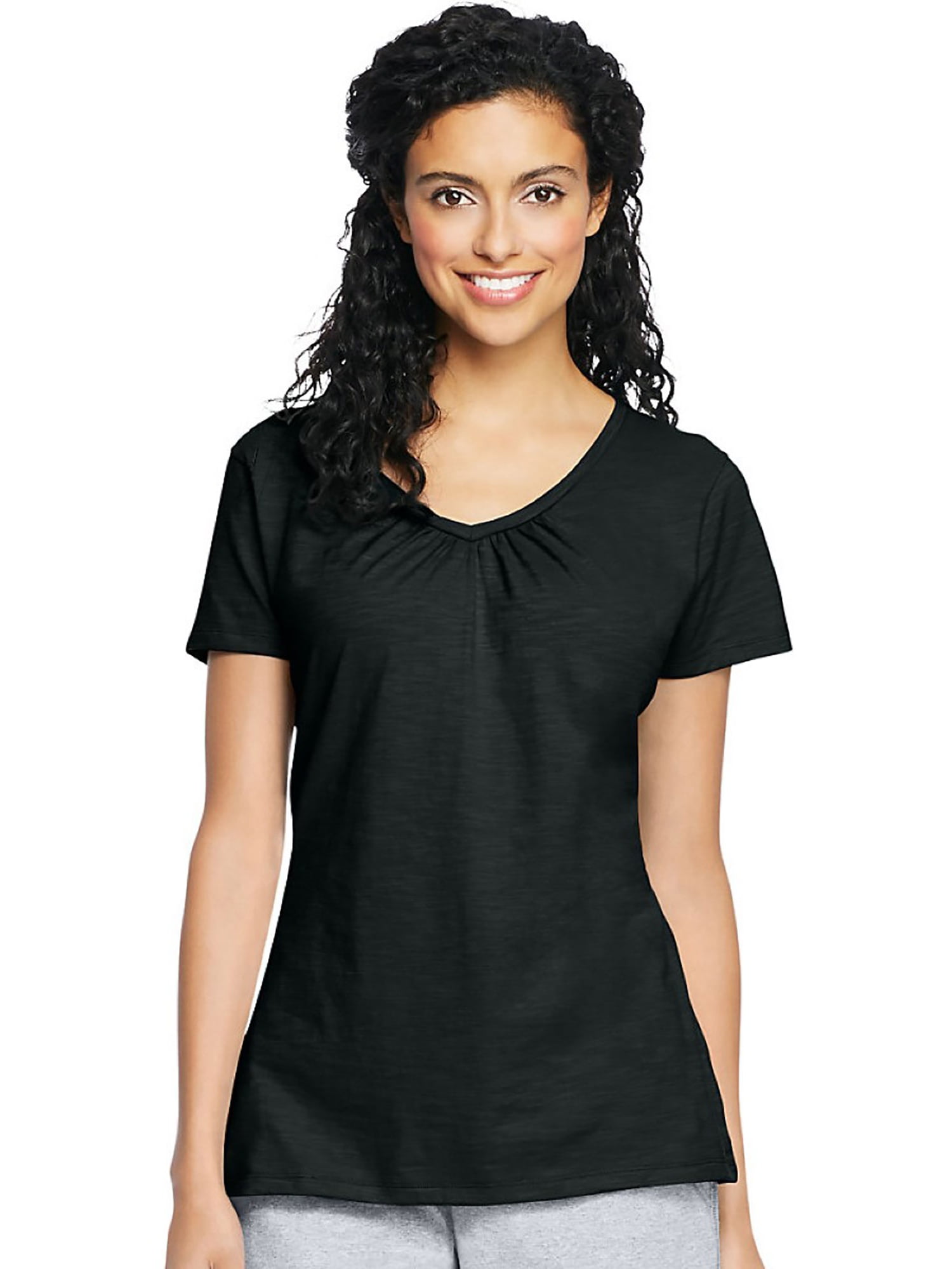 Hanes Women's Slub Jersey Shirred V-Neck T-Shirt, Style 9253 - Walmart.com
