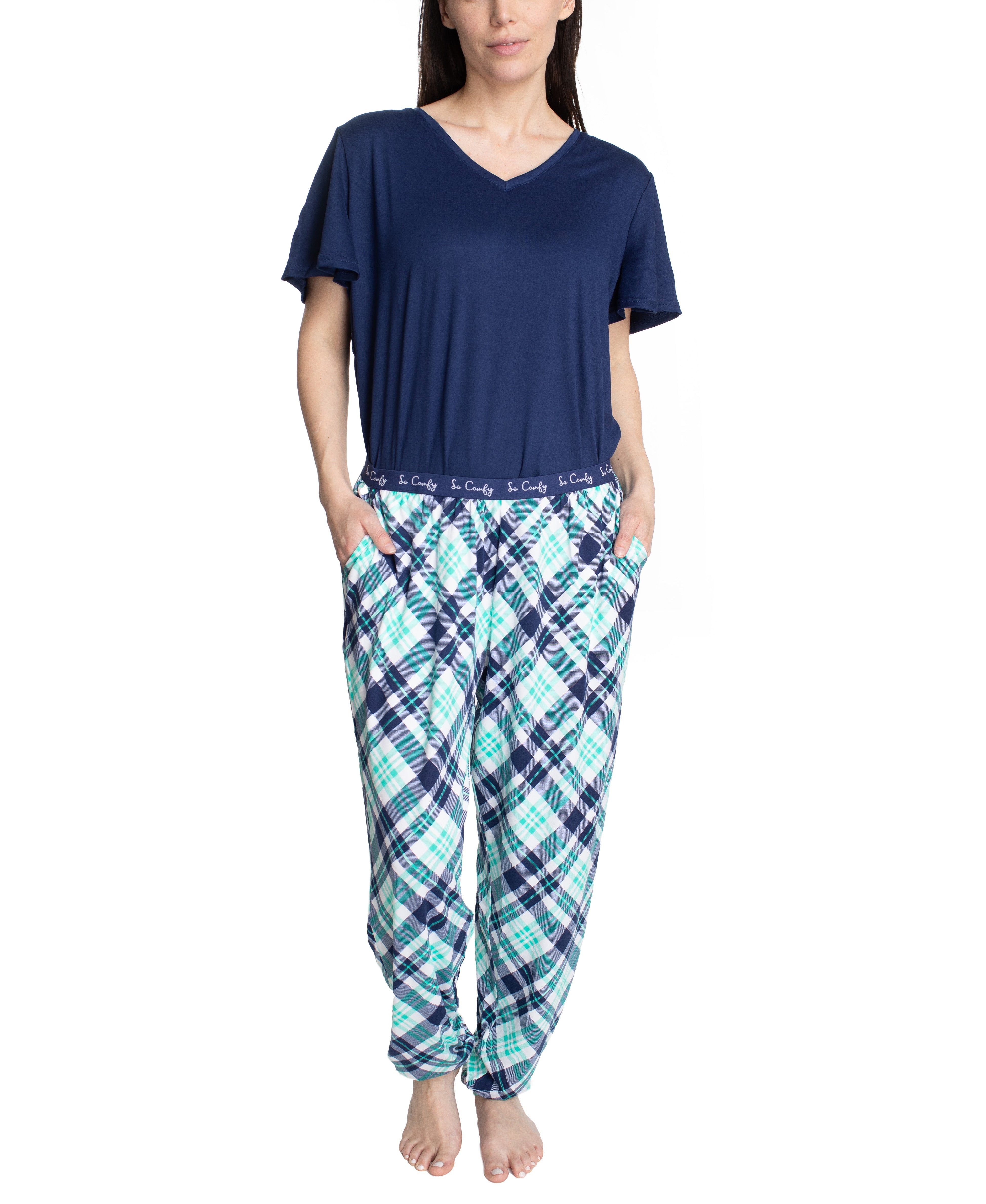 Hanes Women's Step Into Spring Short Sleeve V-neck Top and Jogger Sleep ...