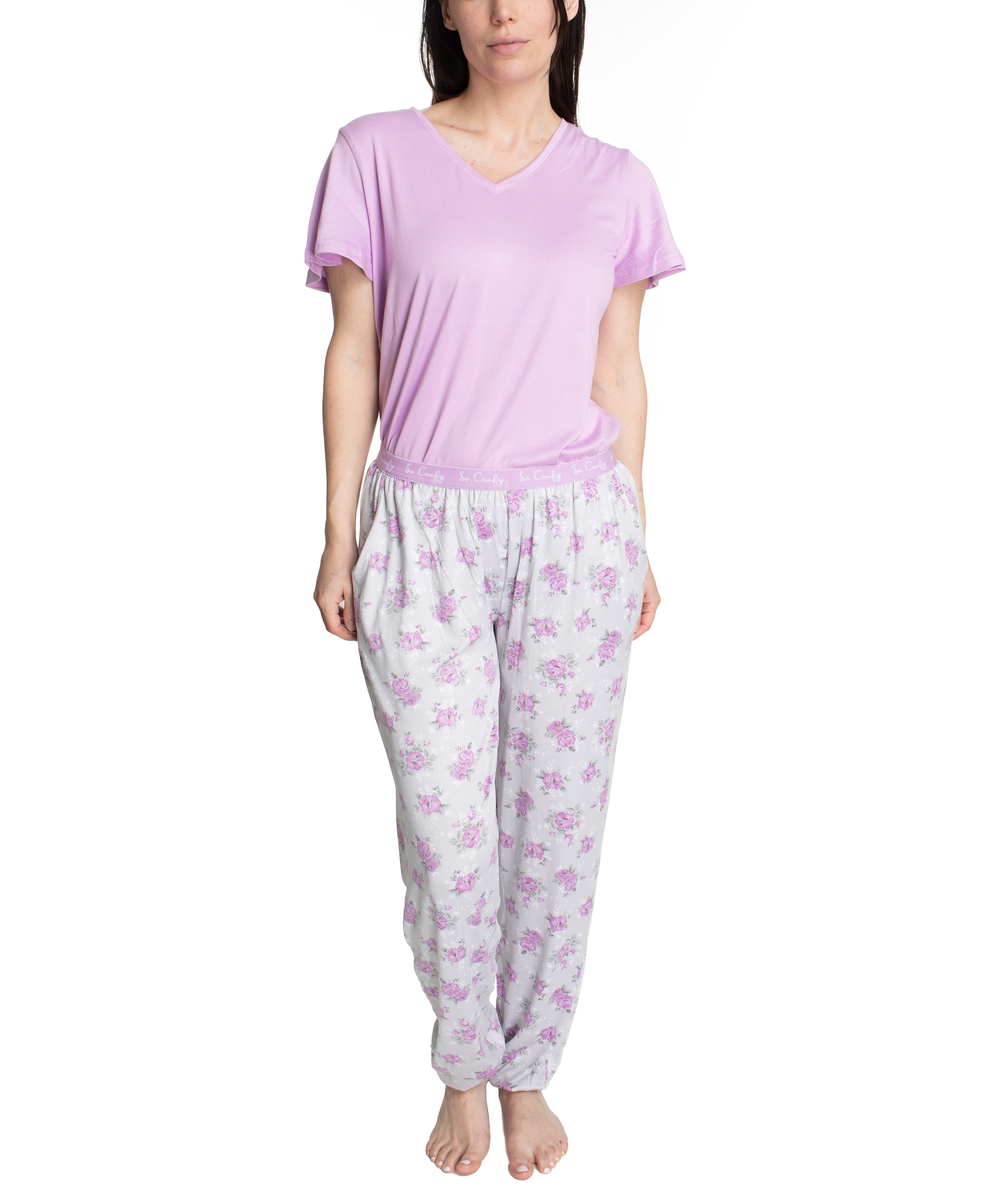 Hanes Women's Step Into Spring Short Sleeve V-neck Top and Jogger Sleep ...