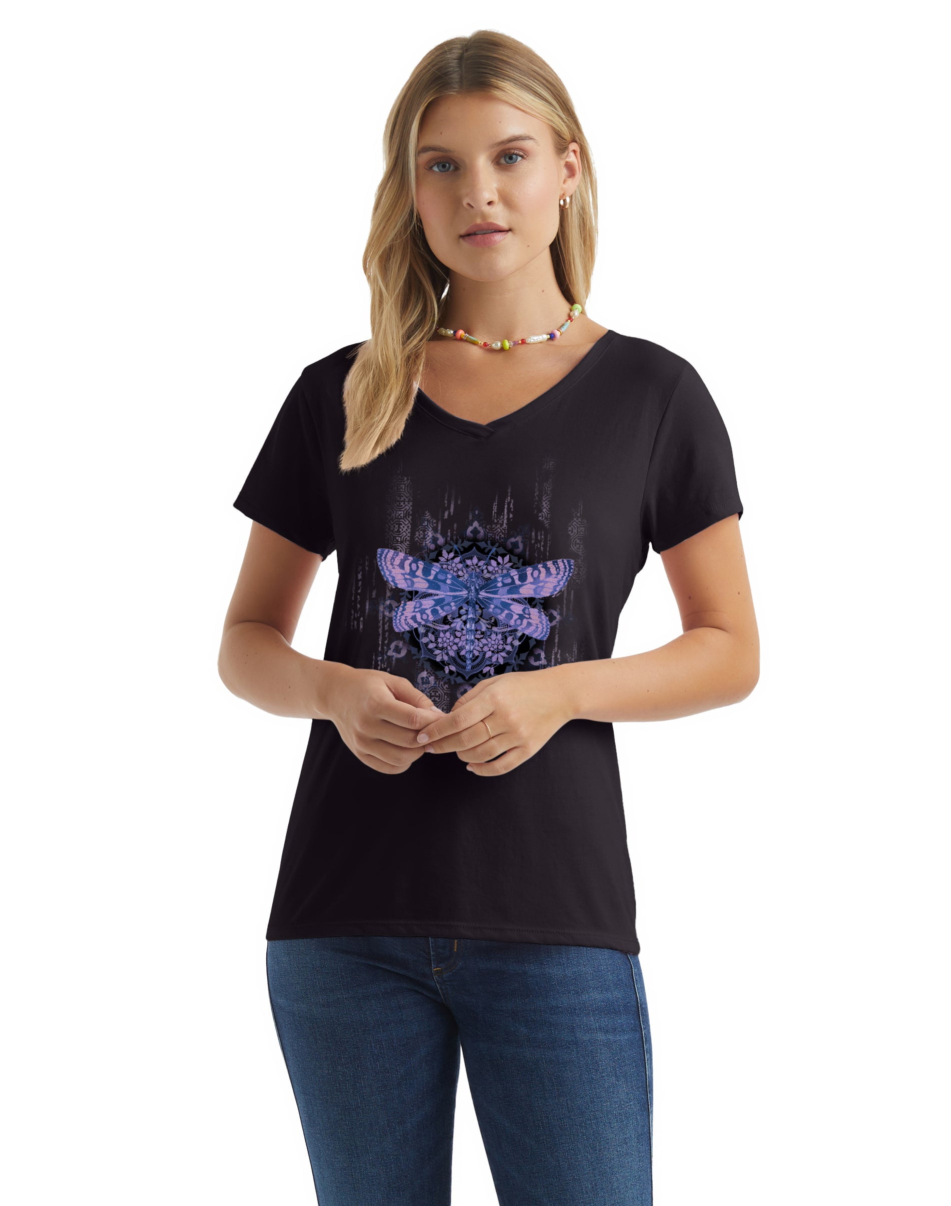 Hanes Women's V-Neck Graphic T-Shirt, Dragonfly Mandala/Black M ...