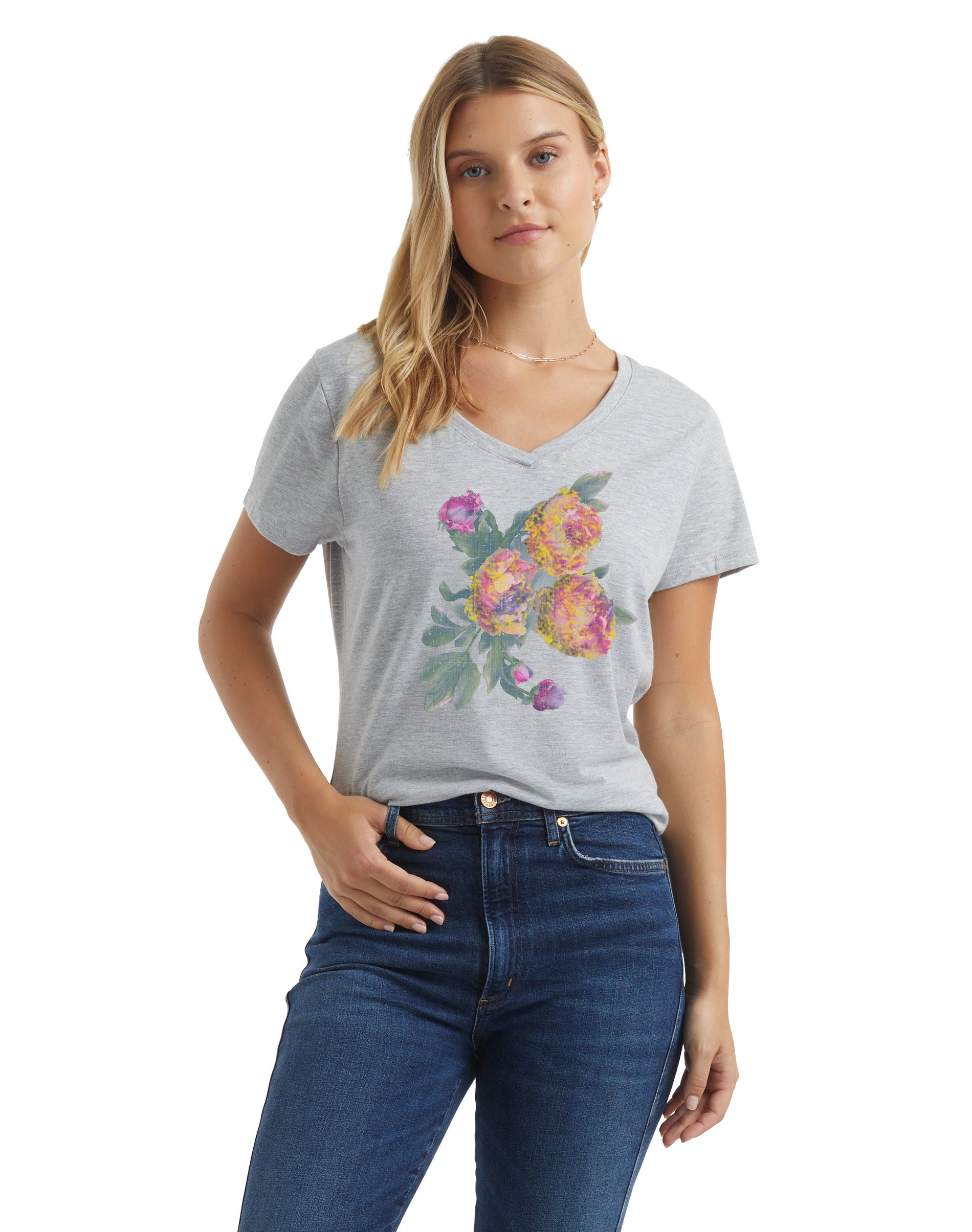 Hanes Women's V-Neck Graphic T-Shirt, Luscious Peonies Lucious Peonies ...