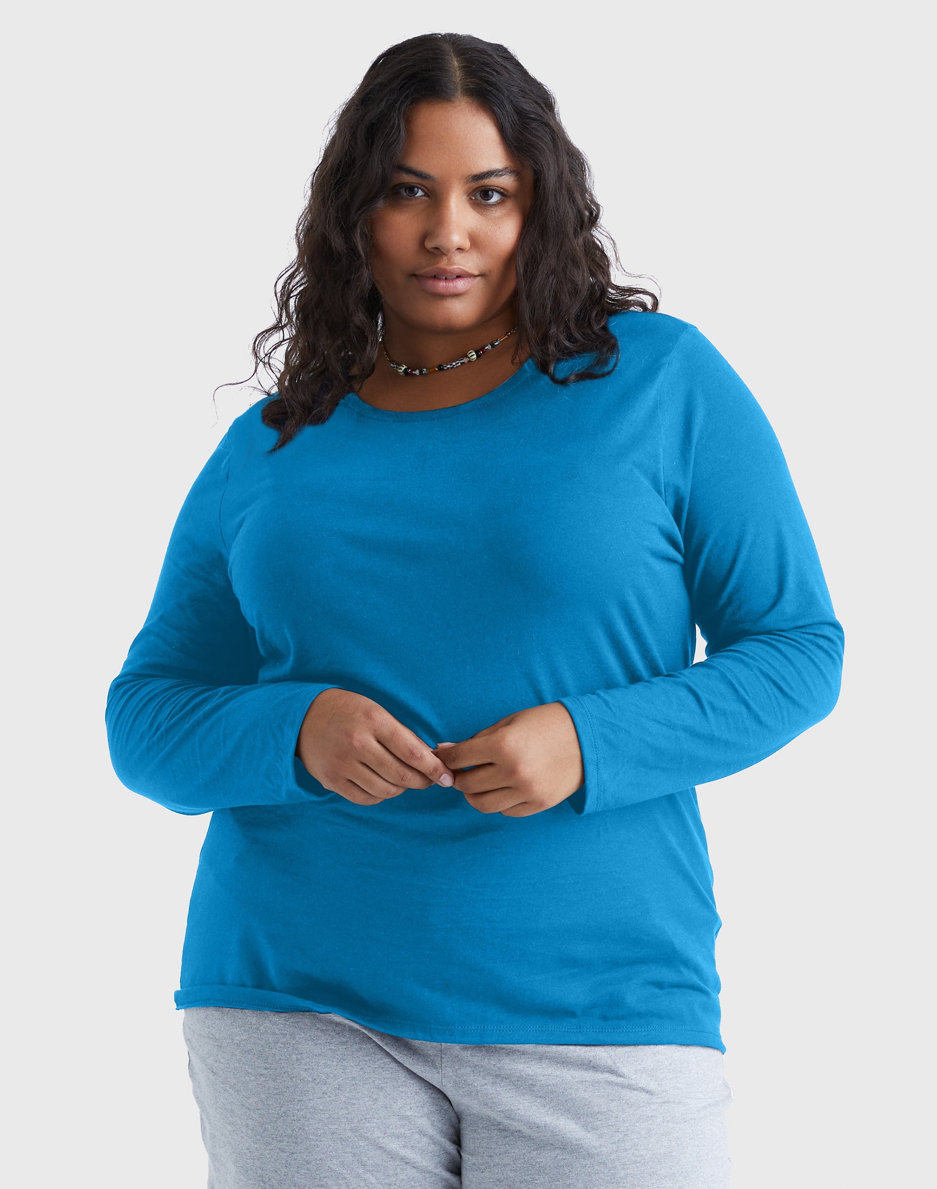 Hanes Women’s Long Sleeve Scoop Neck Cotton T-Shirt (Plus Size) Deep ...