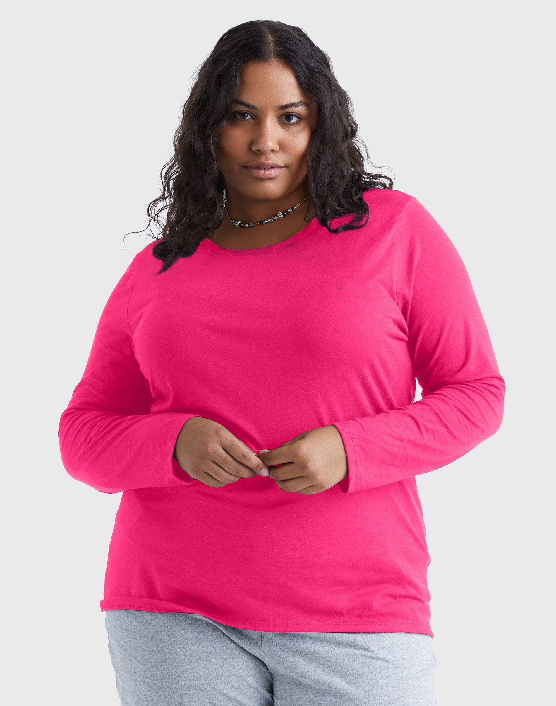 Hanes Women’s Plus Size 3X Long Sleeve Cotton T-Shirt with Scoop Neck ...