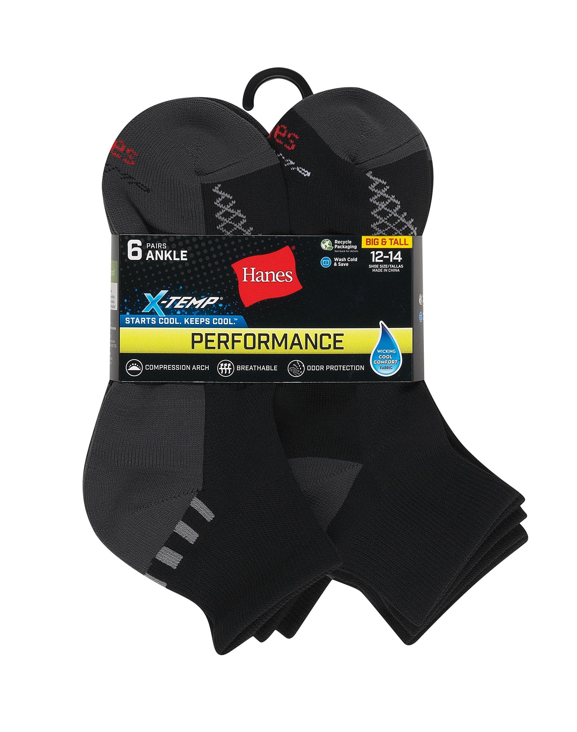 Hanes X-Temp Performance Ankle Socks for Men, Shoe Sizes 12-14, 6-Pairs ...