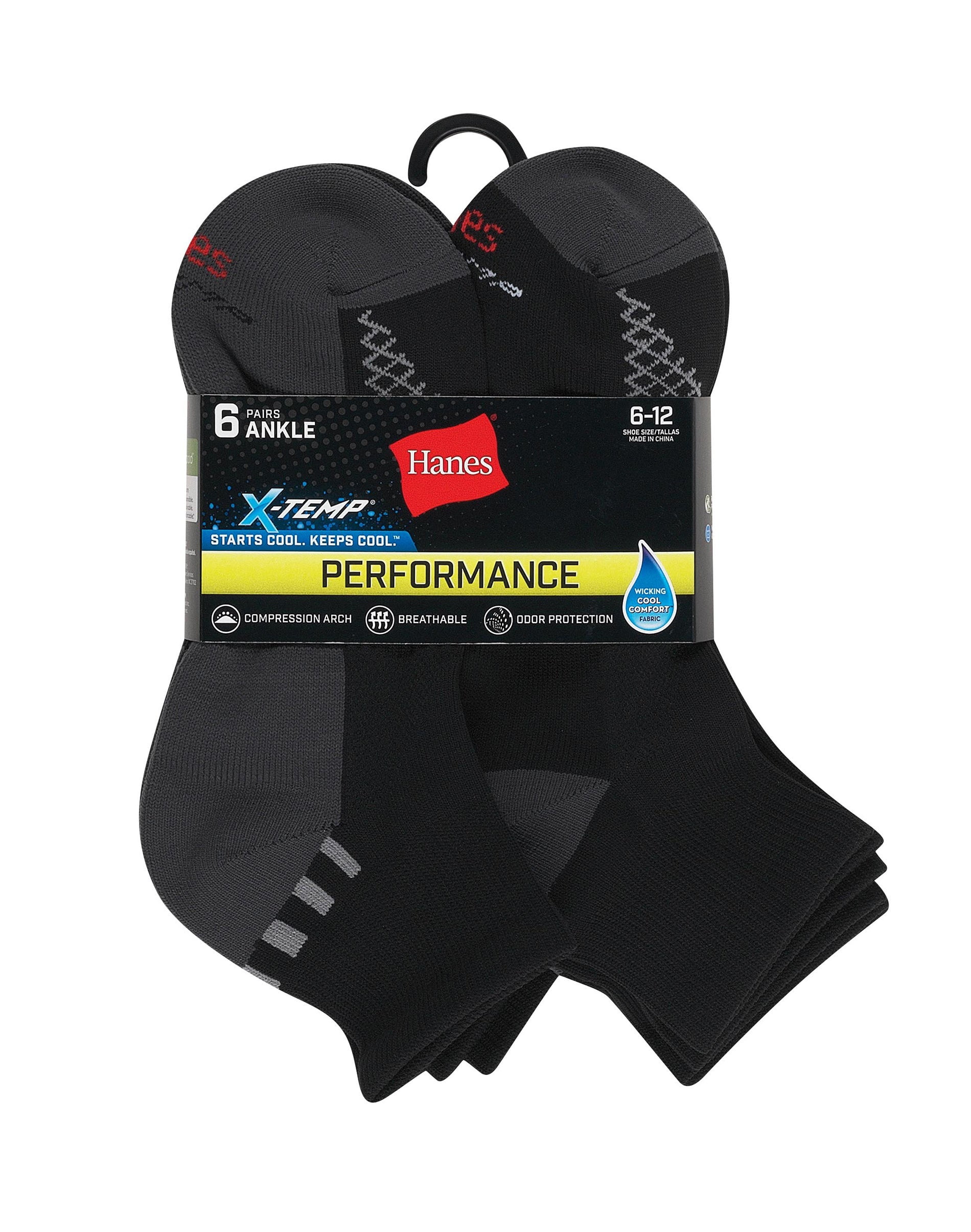 Hanes X-Temp Performance Ankle Socks for Men, Shoe Sizes 6-12, 6-Pairs, Black - Walmart.com