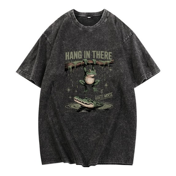 Hang In There T Shirt - Vintage Washed Graphic Tee, Frog & Crocodile Dark Humor Tops, 'It Gets ...