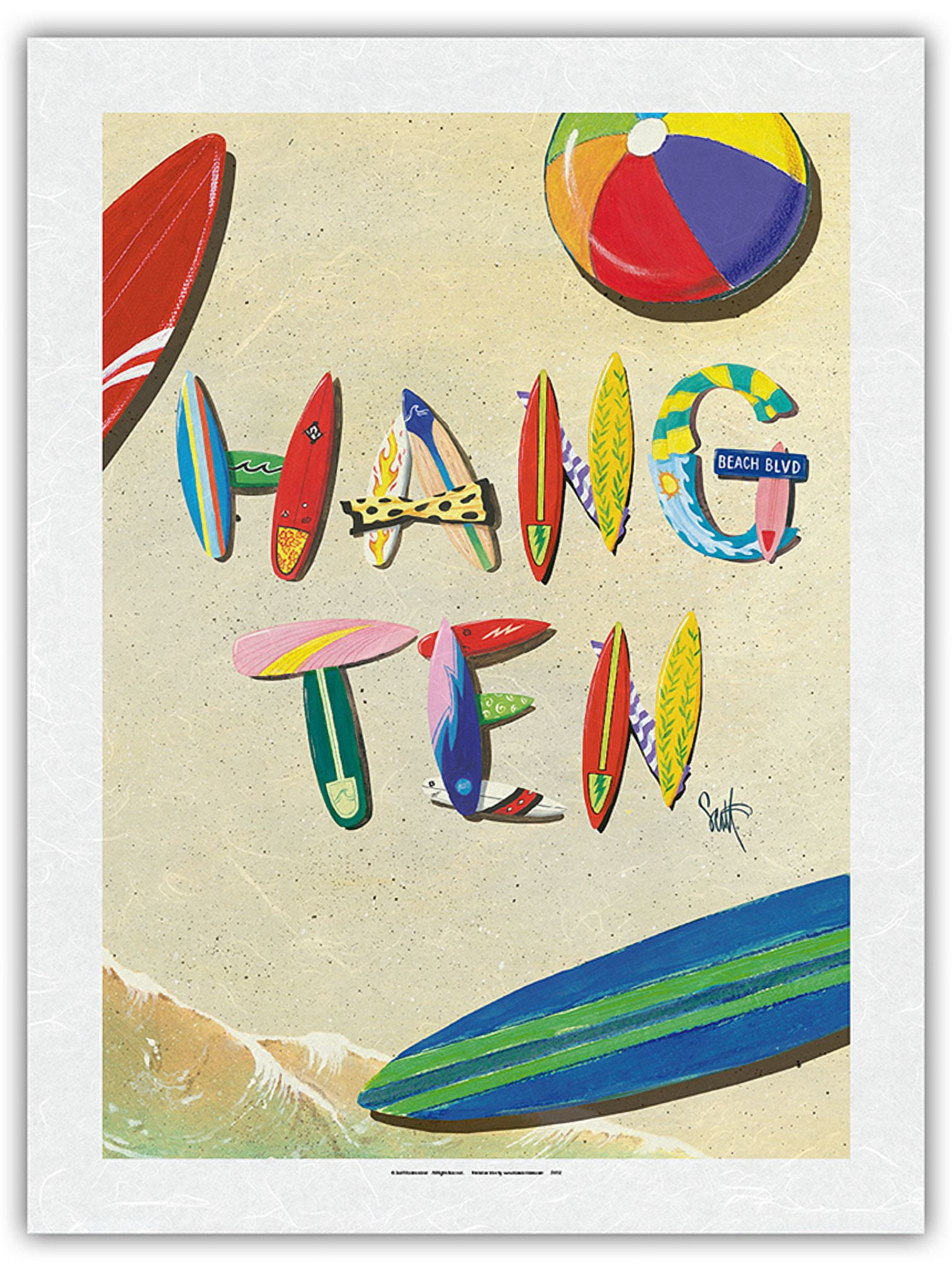 Hang Ten - Beach Sand Surfboard Art - From an Original Color Painting ...