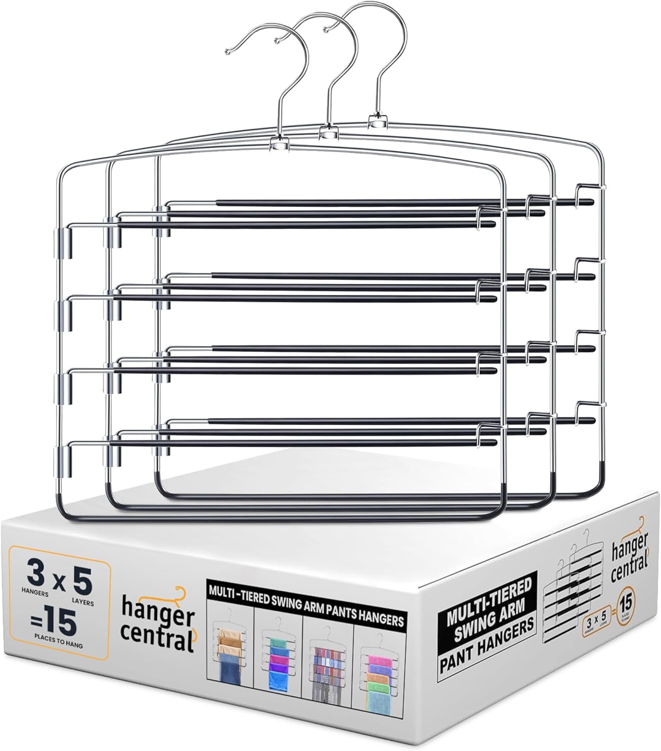 Hanger Central 3 Pack Silver Metal Swing Arm Pants Hangers 5 Tier ...