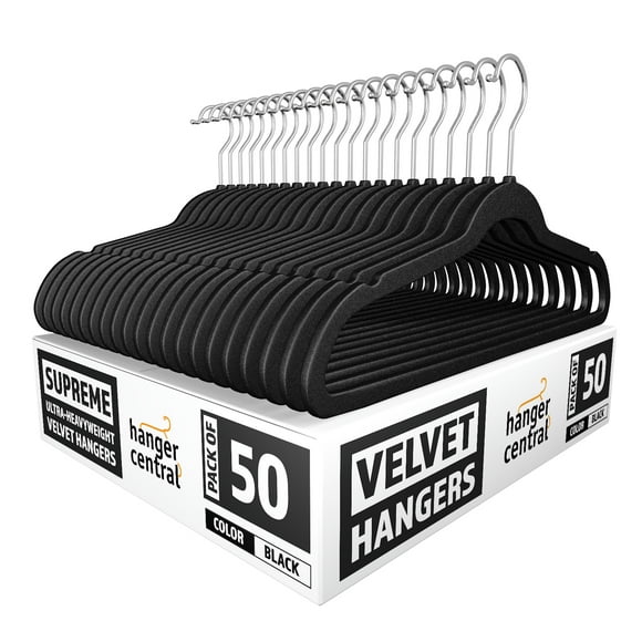 Hanger Central Velvet Heavy Weight Clothing Hanger, 50 Pack, Black