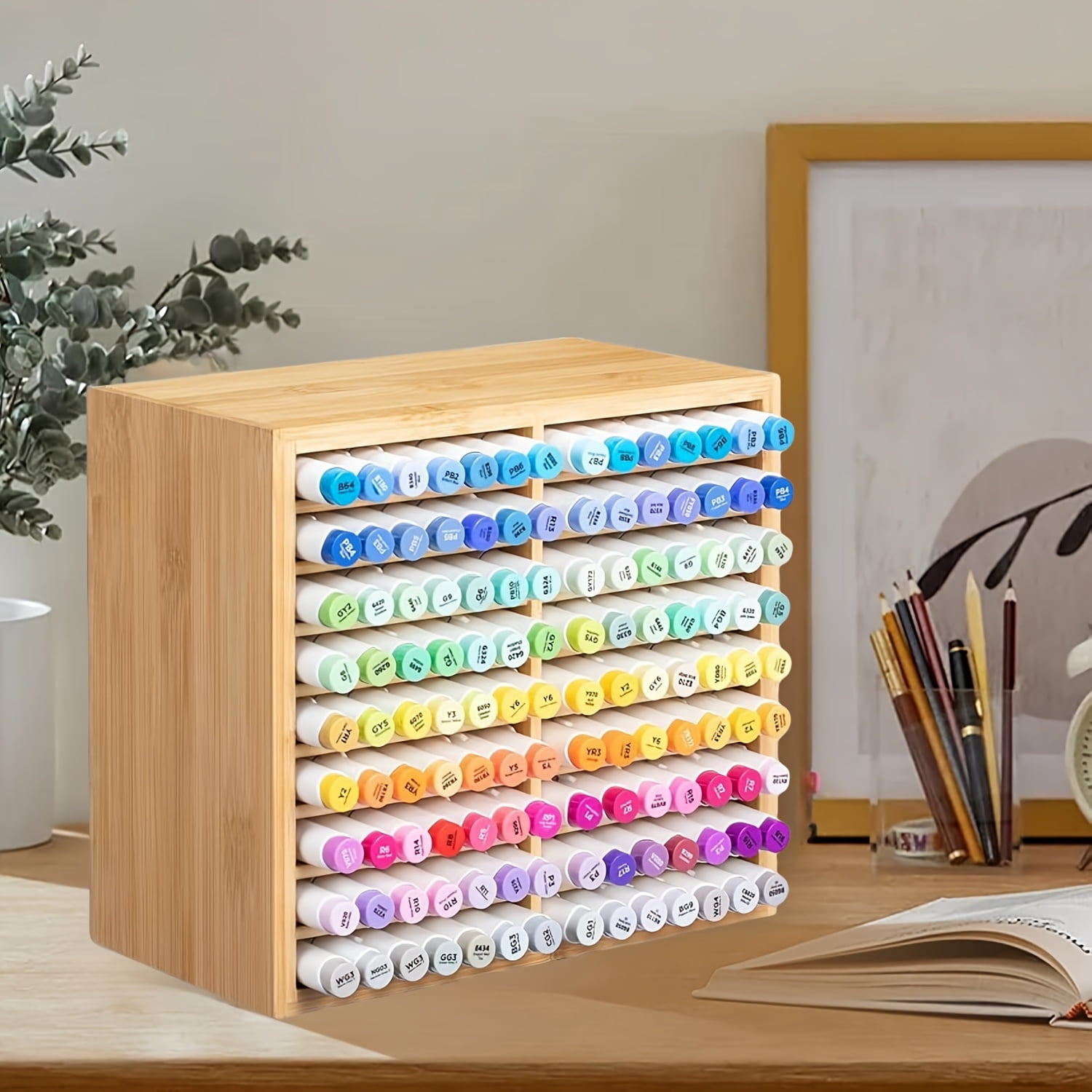 Hangfan Bamboo Marker Pen Storage Rack With 18 Compartments For 126 ...