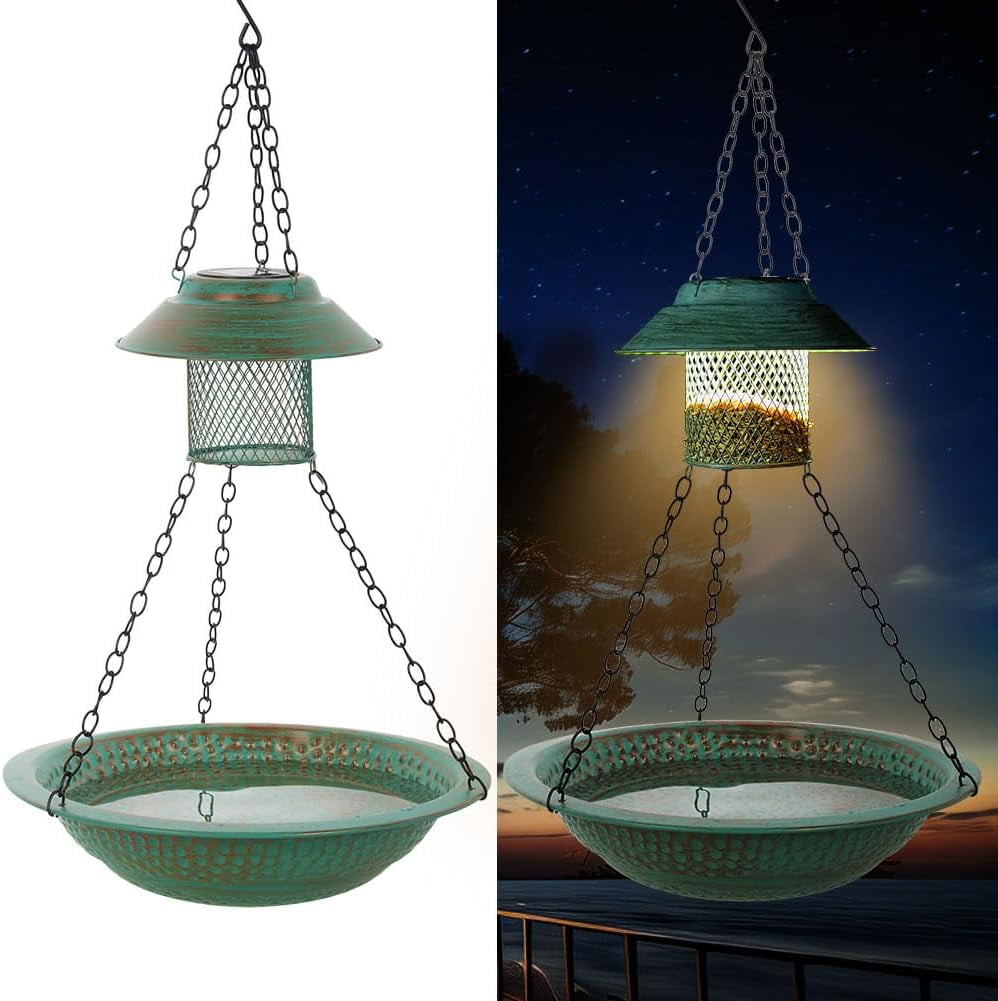 Hanging Bird Bath with Solar Lights, 13" Metal Bird Baths Outdoor ...