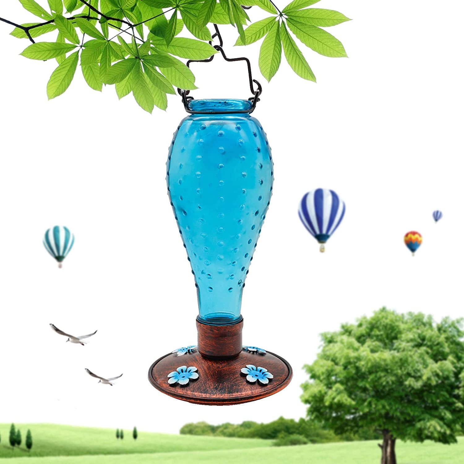 Hanging Bird Feeder 22 Oz Hand Blown Glass Hummingbird Bluebird Feeder ...