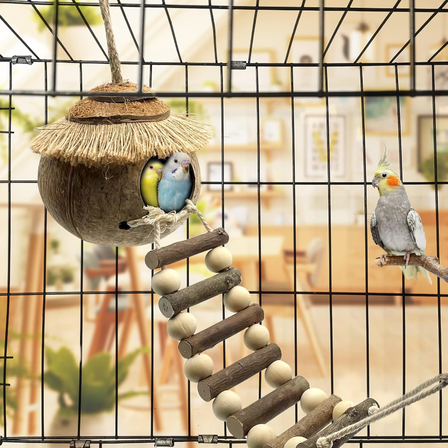 Hanging Bird House with Ladder Natural Coconut Fiber Birds Nest Coco ...