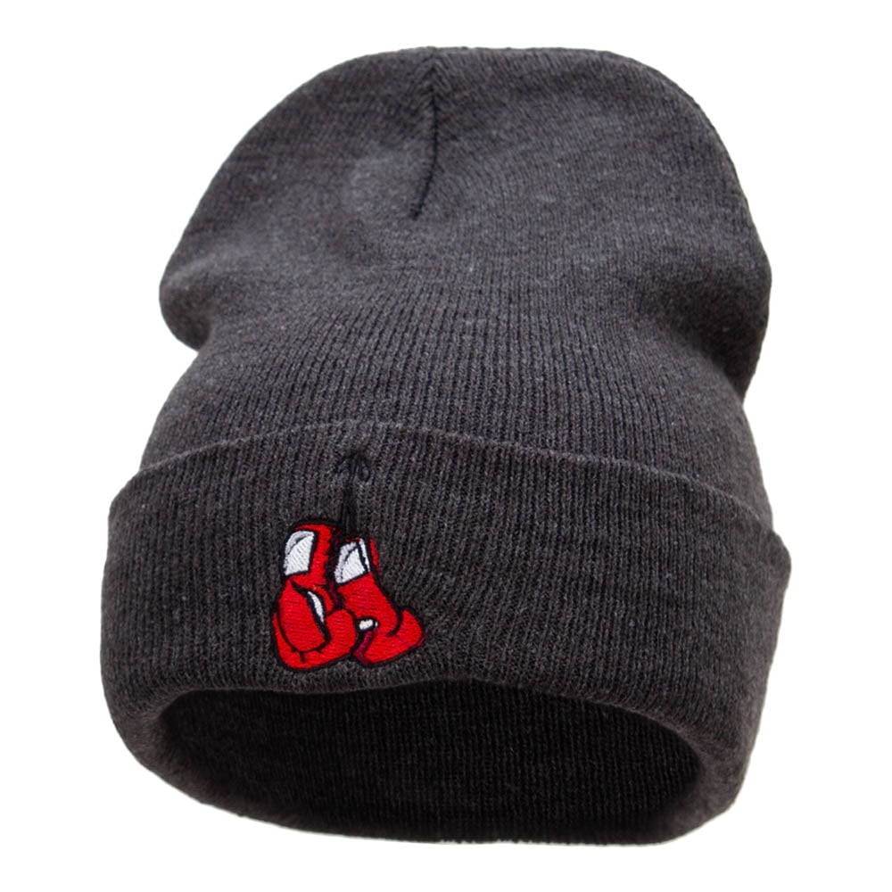 Hanging Boxing Gloves Embroidered Long Knitted Beanie - Dark Grey OSFM ...