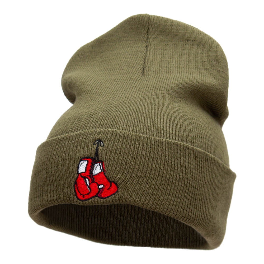 Hanging Boxing Gloves Embroidered Long Knitted Beanie - Olive OSFM ...
