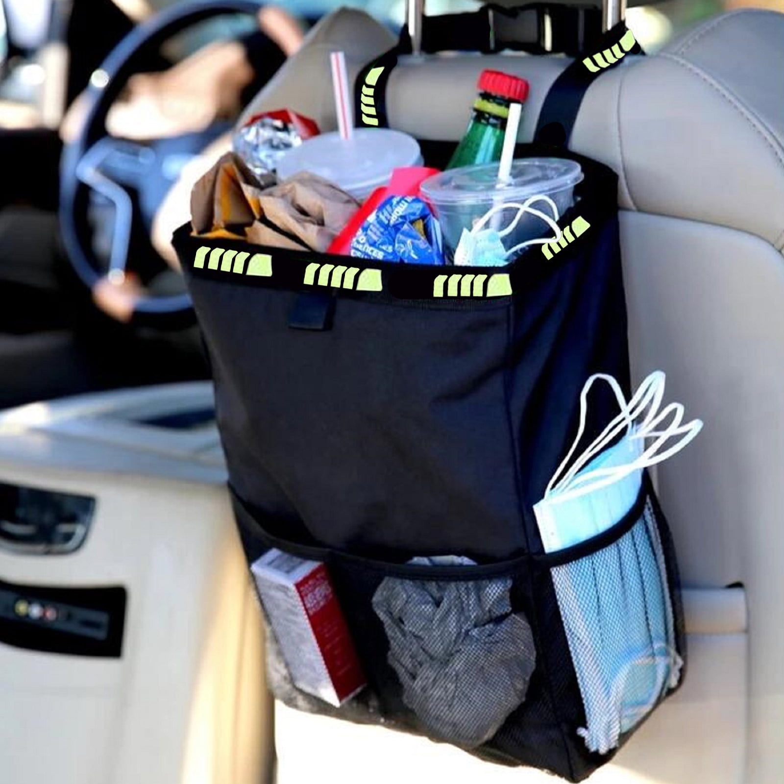 Hanging Car Trash Can with Storage Pockets, Car Trash Can, Waterproof ...