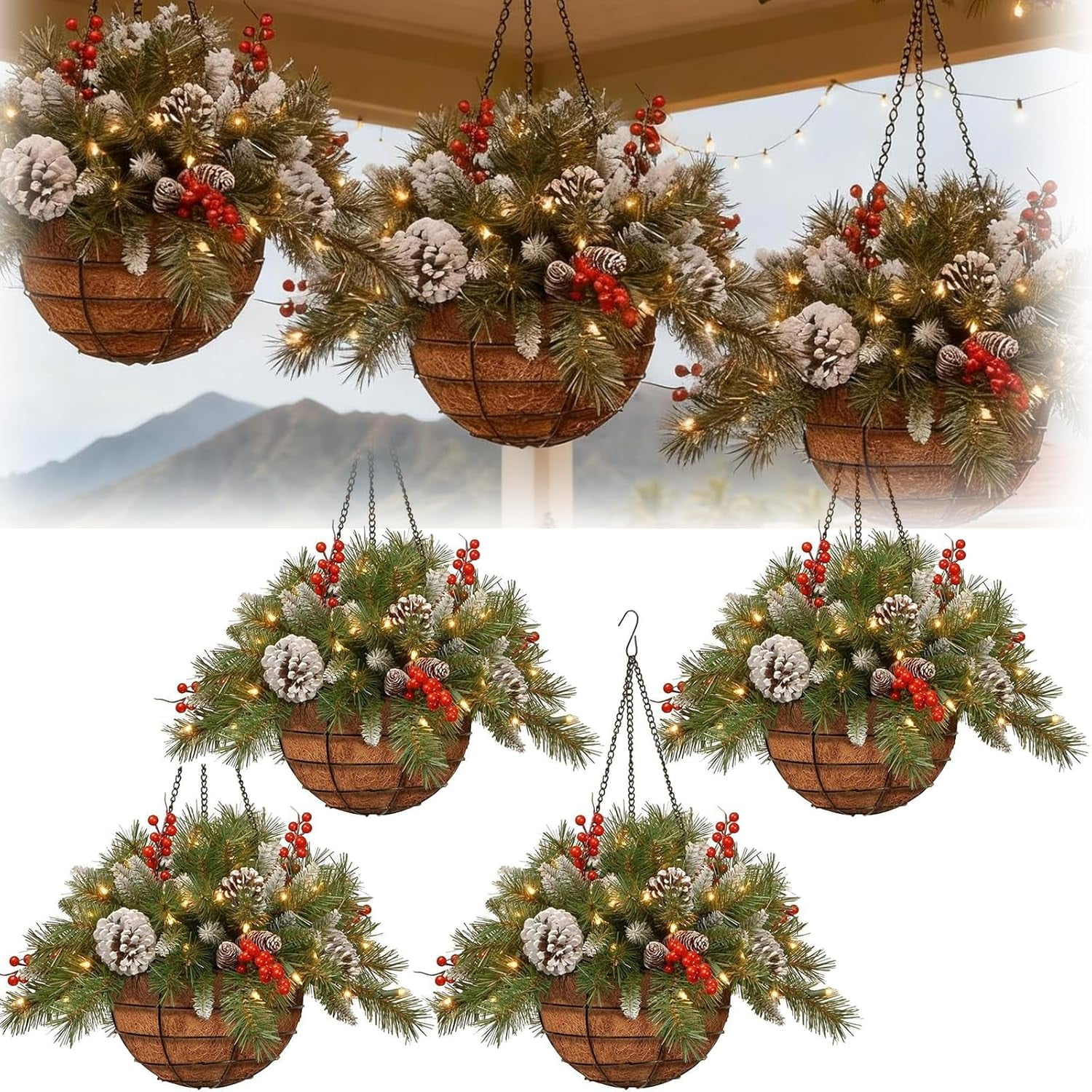 Hanging Christmas Baskets with Lights, 2026 New Pre-Lit Artificial ...
