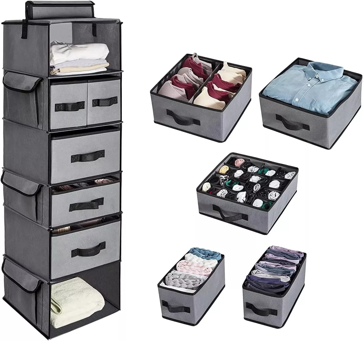 Hanging Closet Organizer Multi-Compartment Storage 6-Shelf 5 Drawers ...