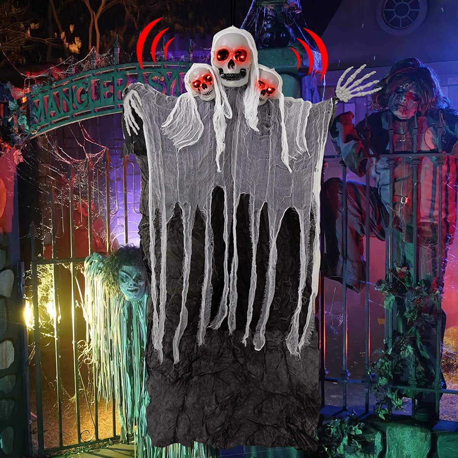 Hanging Decorations Outdoor - 51" Hanging Skeleton Ghost with 3 Skull ...