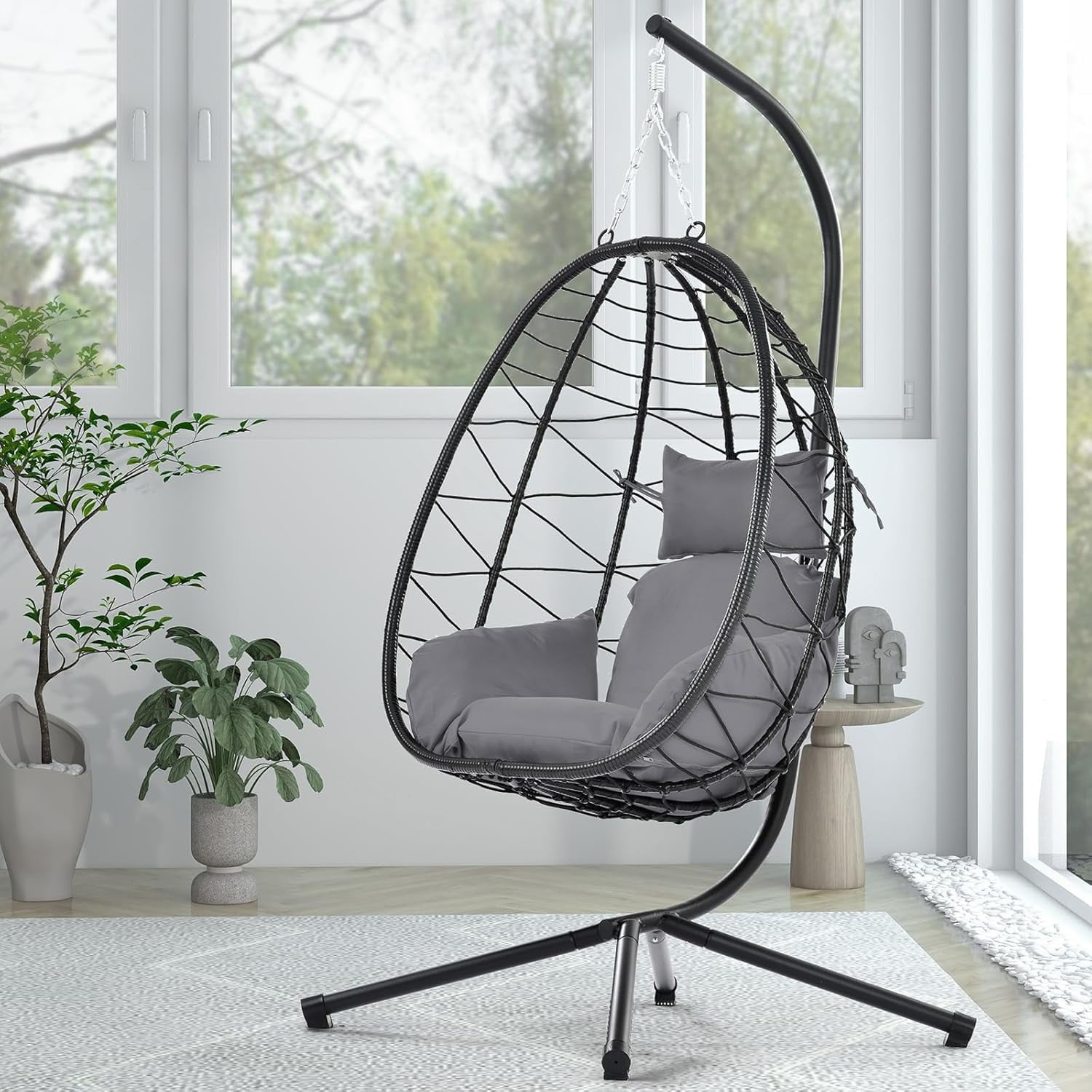Hanging Egg Chair with Stand, Black Wicker Rattan Swing Egg Chair ...