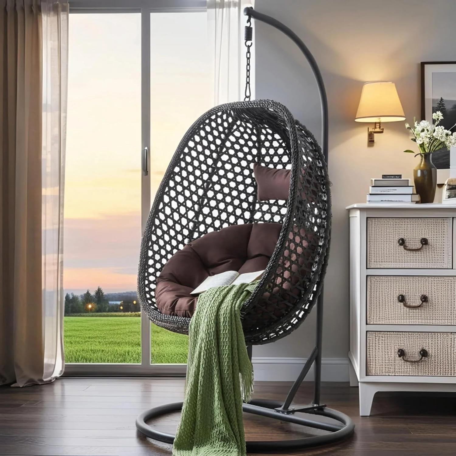 JUFU Black Egg Swing Chair with Stand, Hanging Rattan Chair with ...