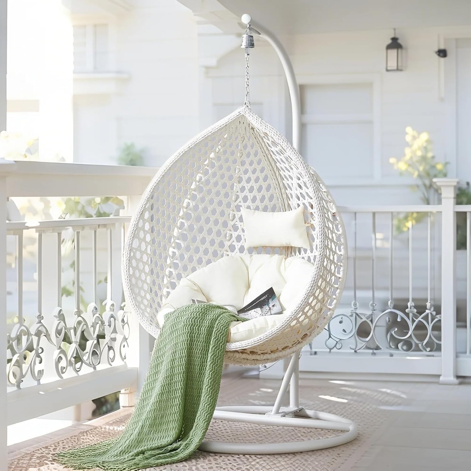 JUFU Egg Swing Chair Set, White Rattan Basket Chair with Cushion ...