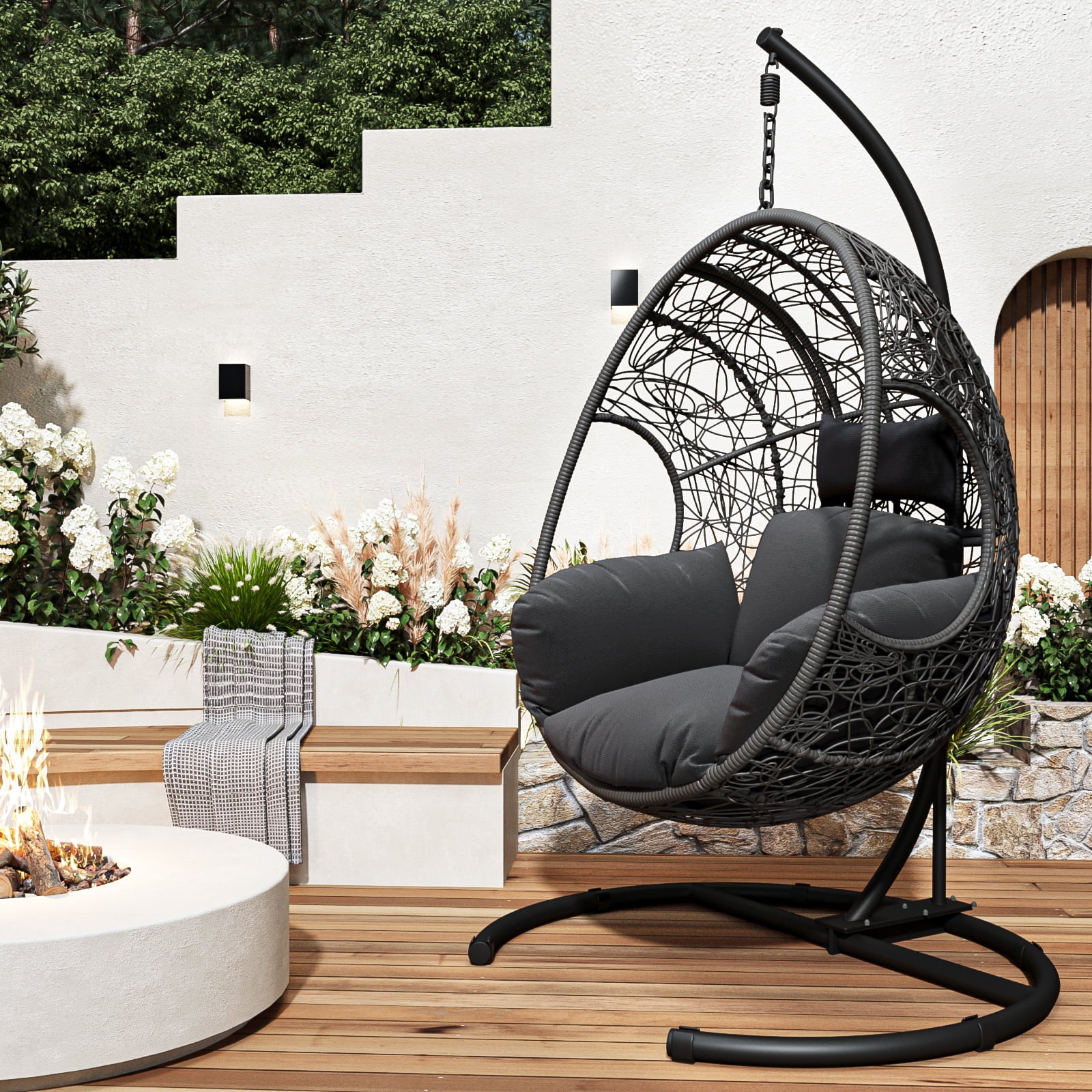 Hanging Egg Chair with Stand, Indoor Outdoor Wicker Rattan Egg Swing ...