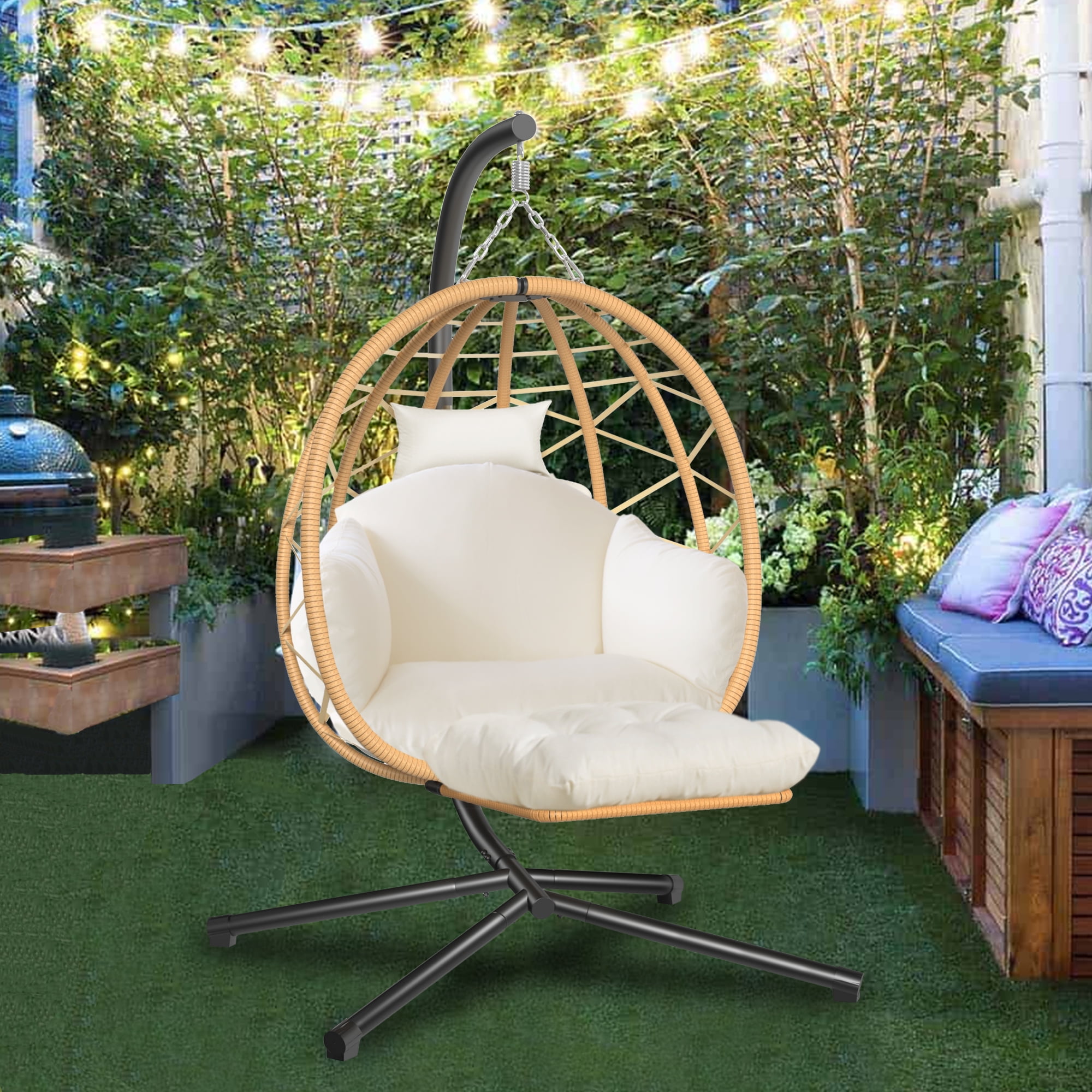 Hanging Egg Chair with Stand and Leg Rest Outdoor Indoor Swing Rattan ...