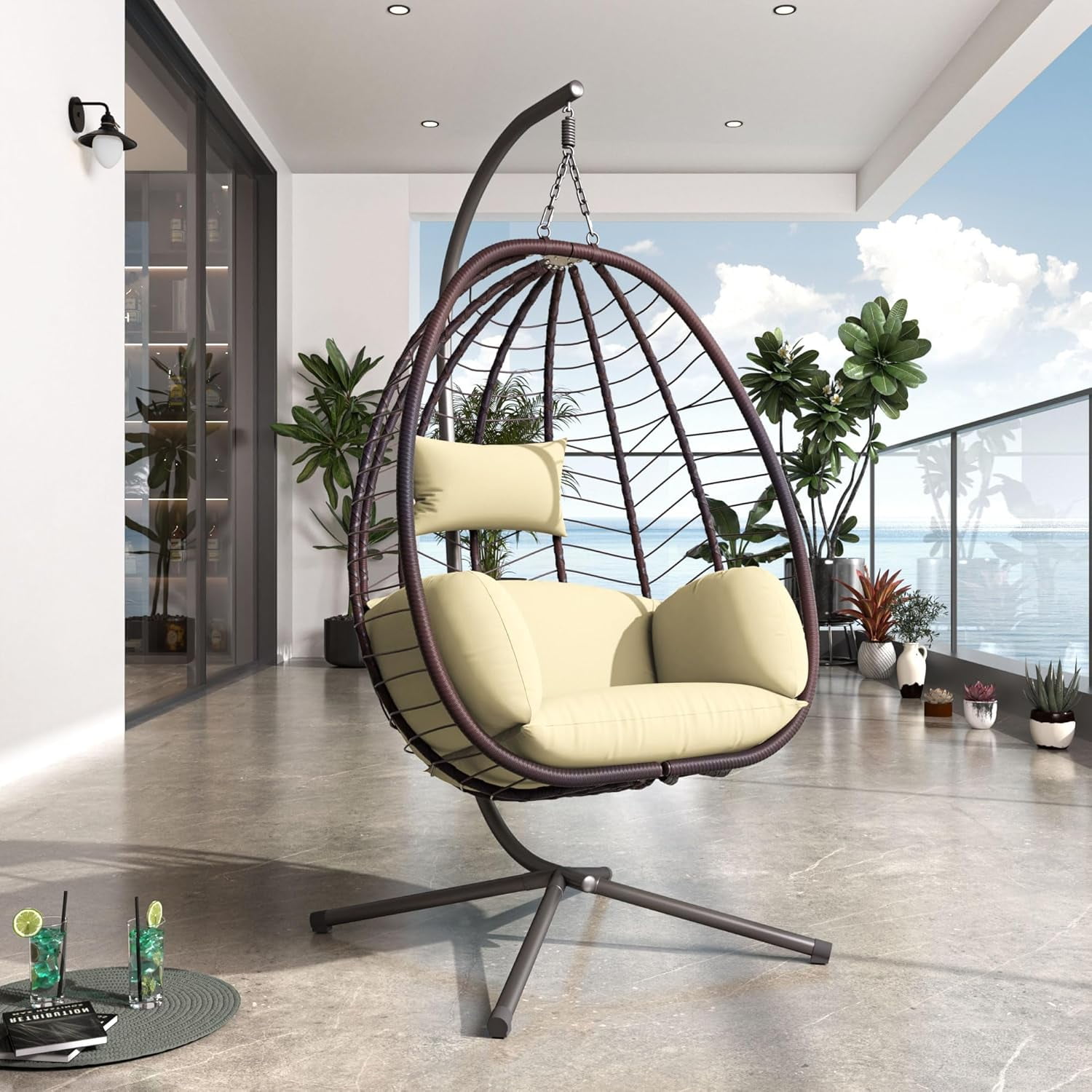 Hanging Egg Chair with Stand Outdoor,Patio Rattan Wicker Swing Egg ...
