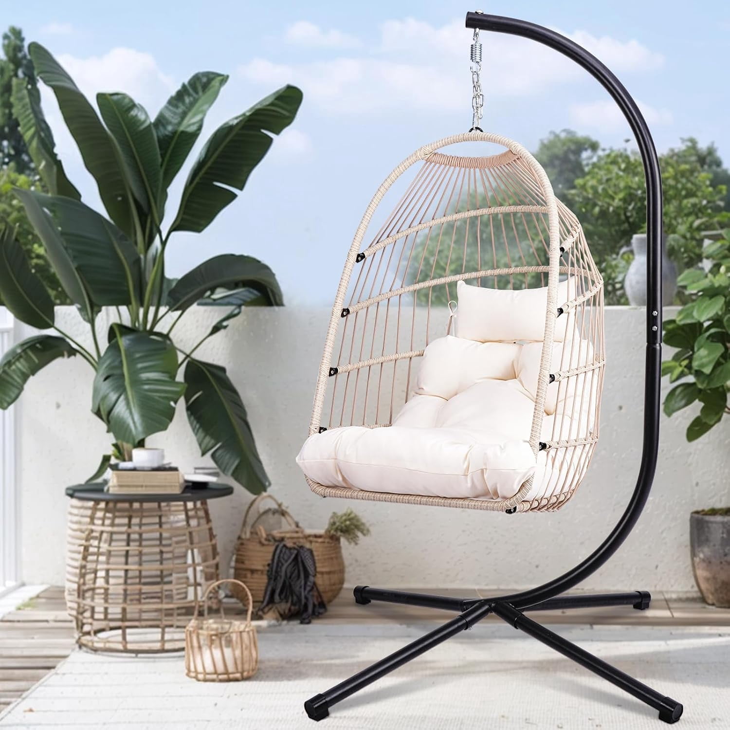 Hanging Egg Chair with Stand, Patio Rattan Wicker Swing Egg Chair ...