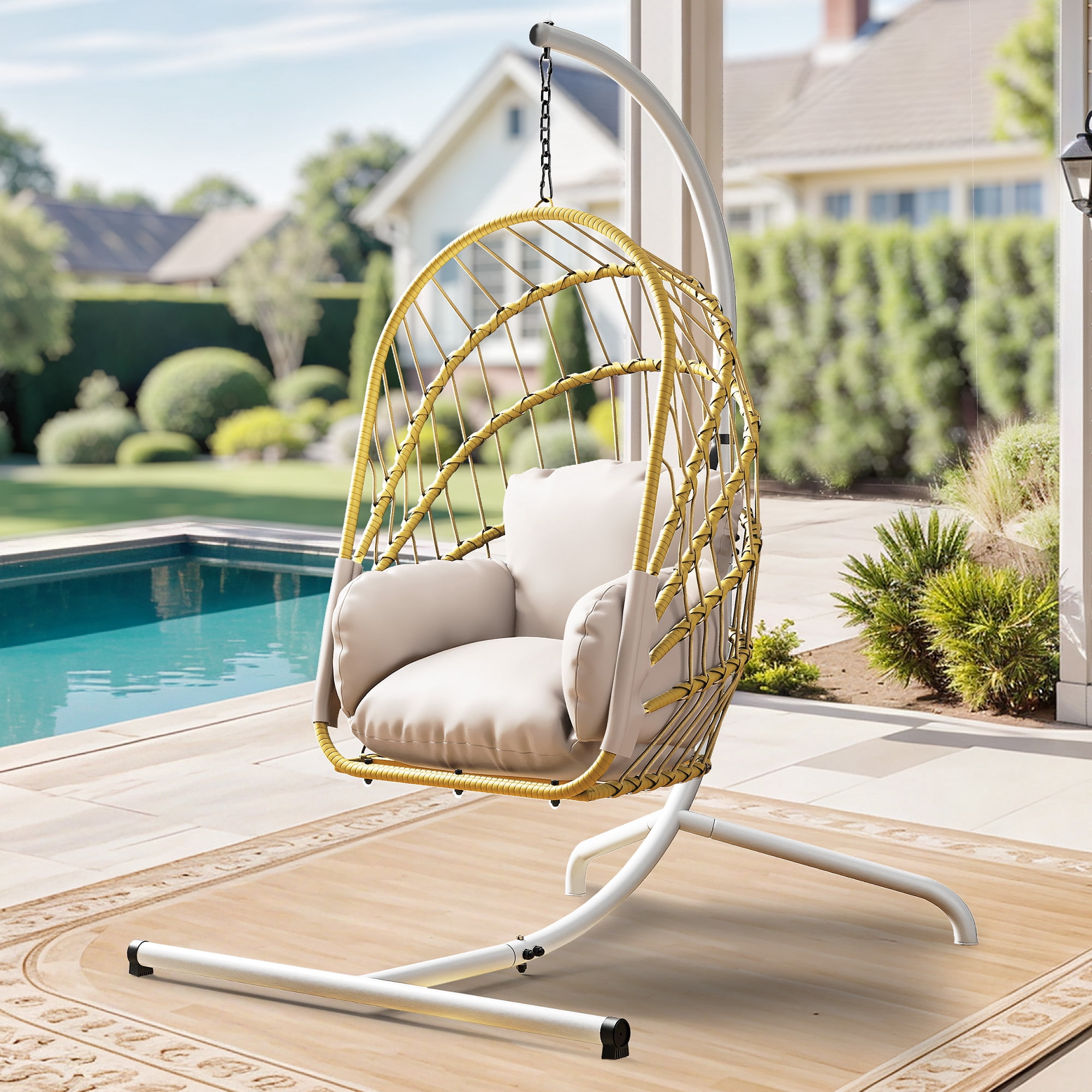 Hanging Egg Chair with Stand, Rattan Wicker Swing Egg Chair with ...