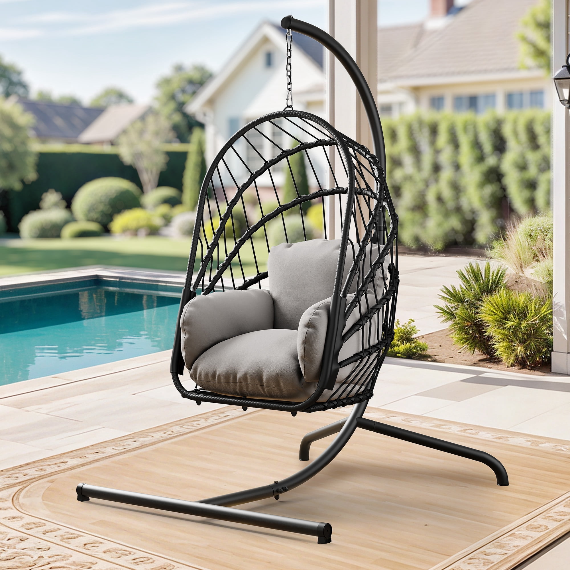 Hanging Egg Chair with Stand, Rattan Wicker Swing Egg Chair with ...