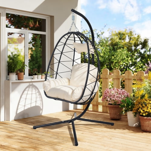 Hanging Egg Chair With Stand PE Wicker 350lbs Washable Thick Cushion ...