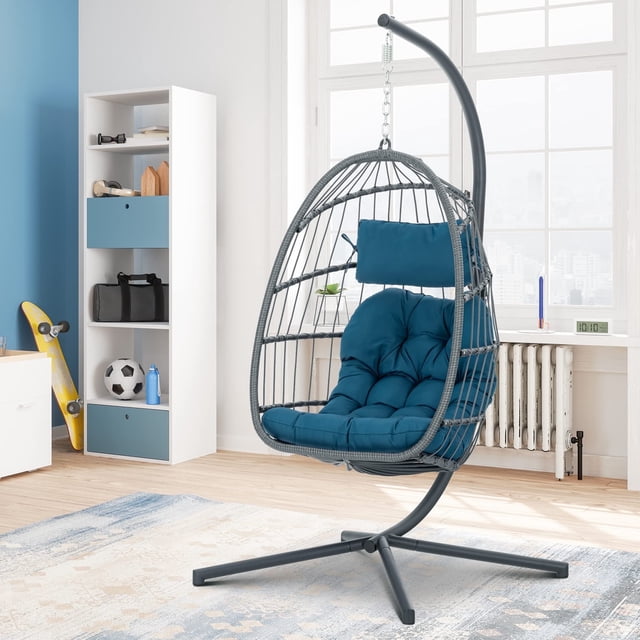 Large Hanging Egg Chair with Steel Stand and Cushion, Wicker Swing for ...