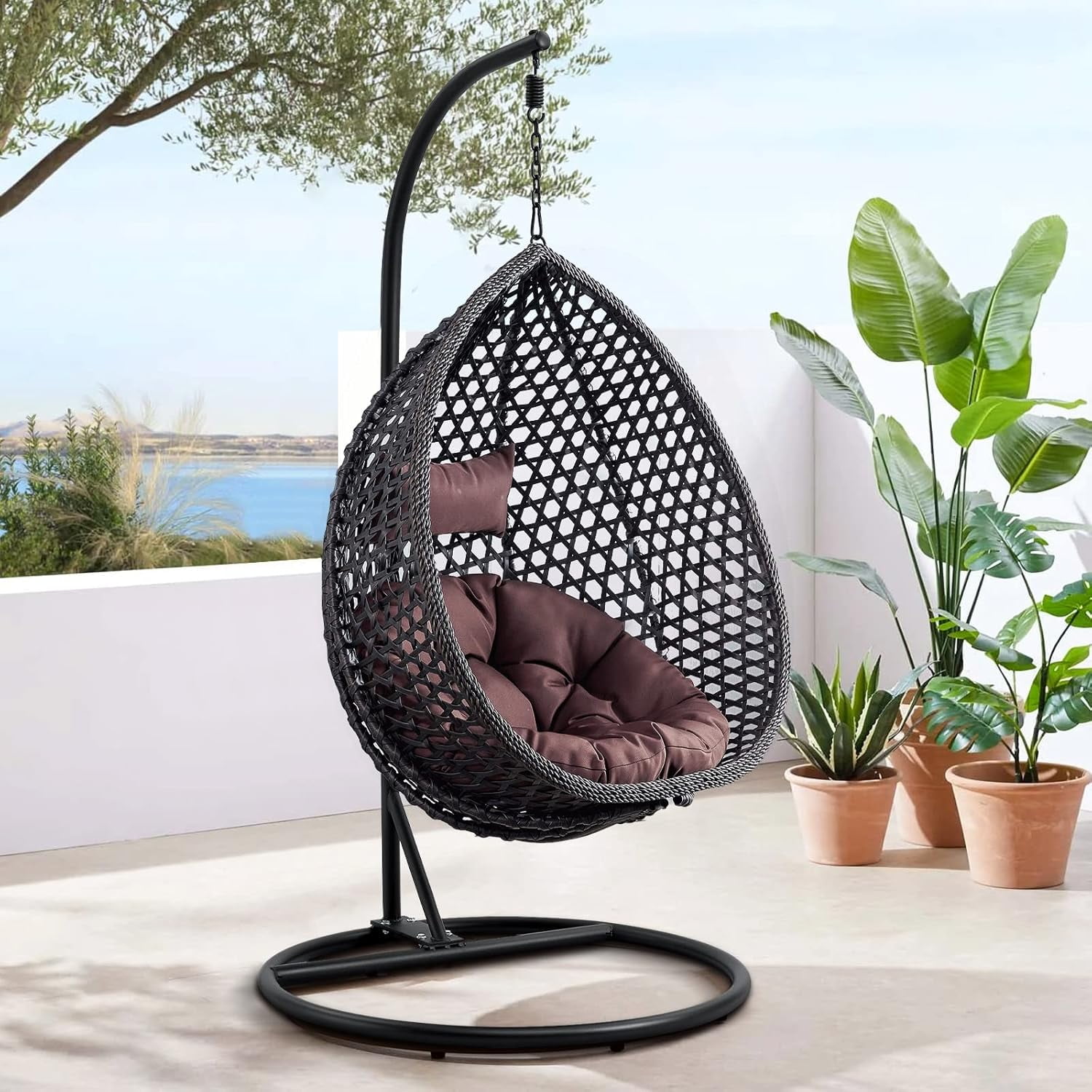 Hanging Egg Swing Chair with Stand, Rattan Wicker Hanging Egg Chair ...