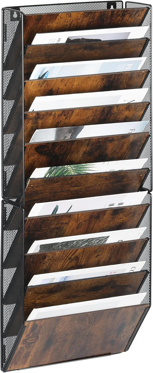 Hanging File Organizer 10 Pockets, Wood Metal Wall File Holder, Wall ...