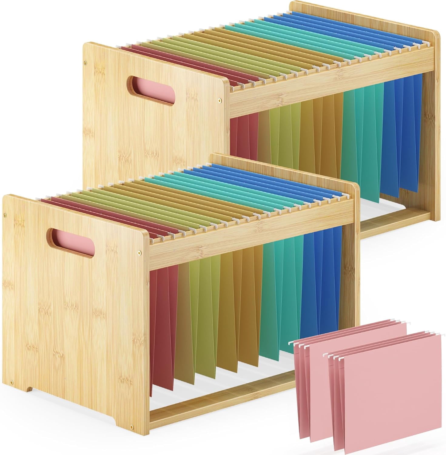 Hanging File Organizer Box for Letter Size, 2 Pack Bamboo File Folder ...