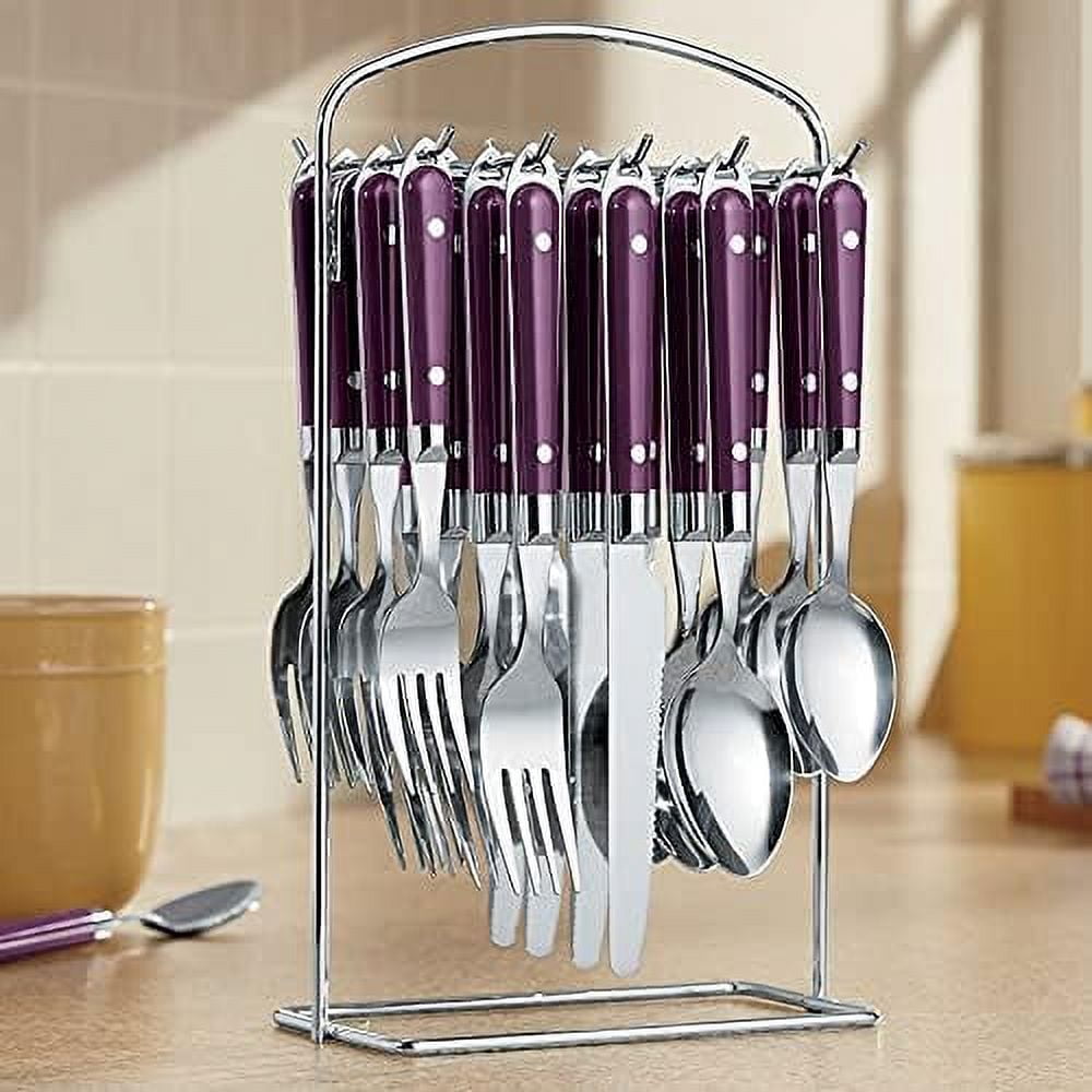 Hanging Flatware Set with Rack, Purple - Stainless Steel Utensils ...