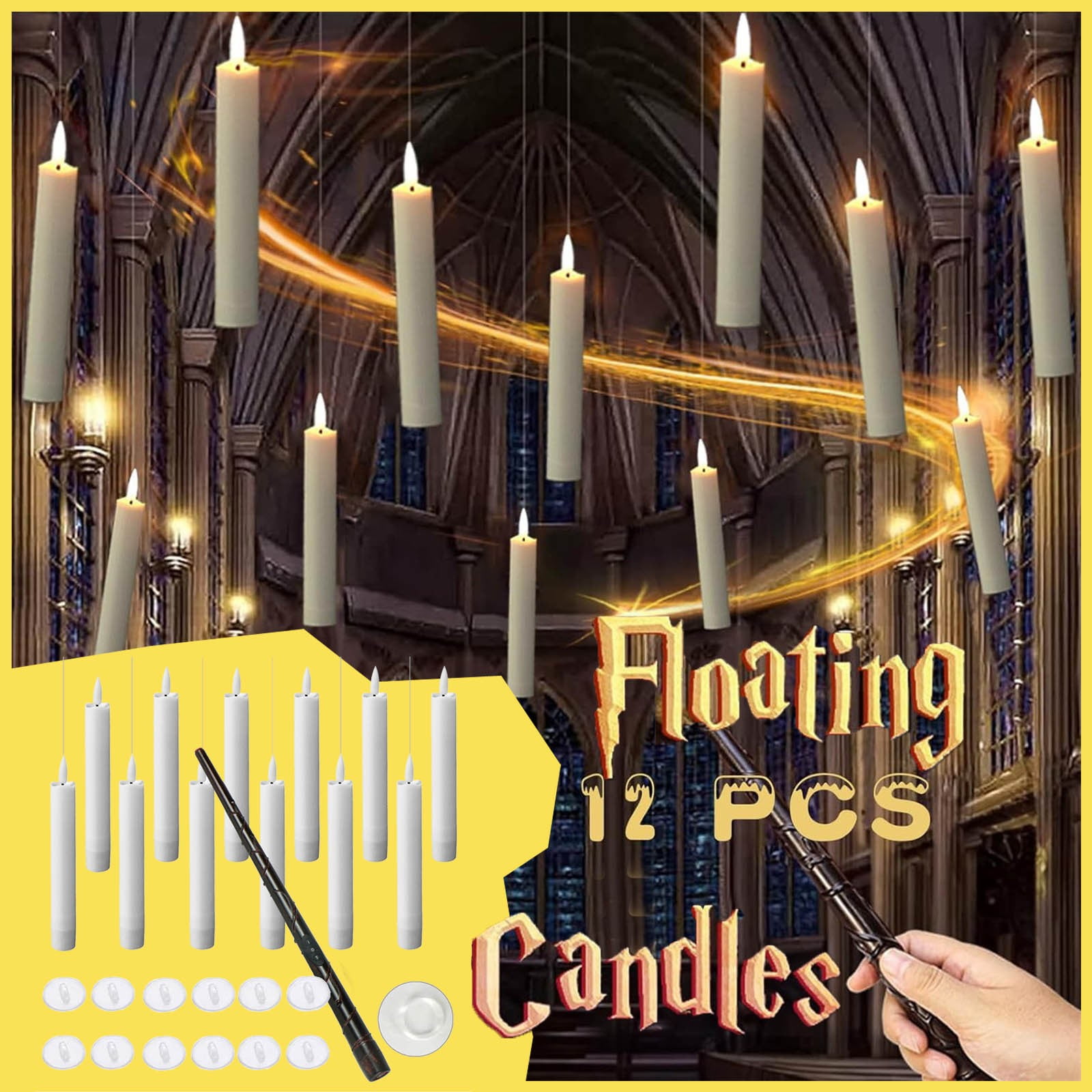 Hanging Floating Candles with Wand Remote, Hanging Up Magic Floating Taper Candles Flickering ...