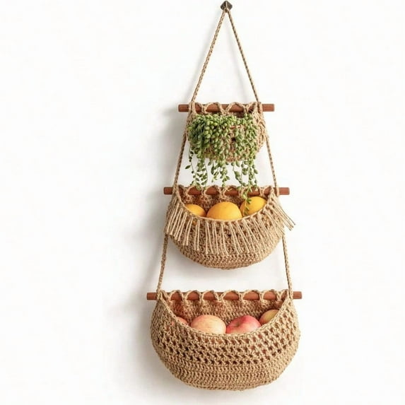 Hanging Fruit Basket 3 Tier Over the Door Organizer Handmade Woven Jute ...