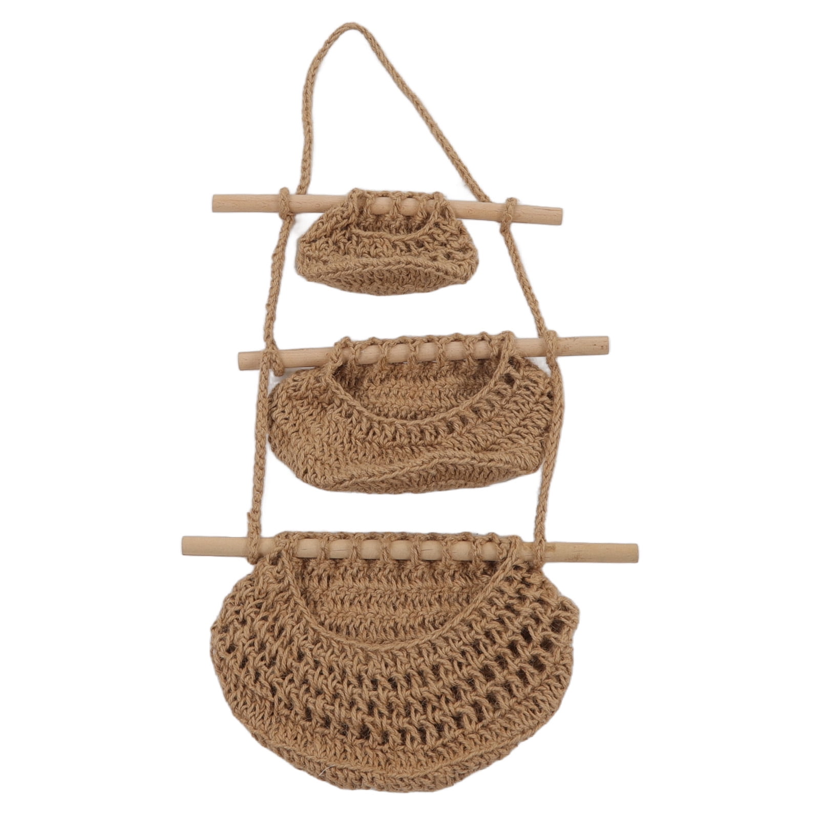 Hanging Fruit Basket 3 Tier Wall Mounted Handcraft Hemp Rope Wood 3 ...