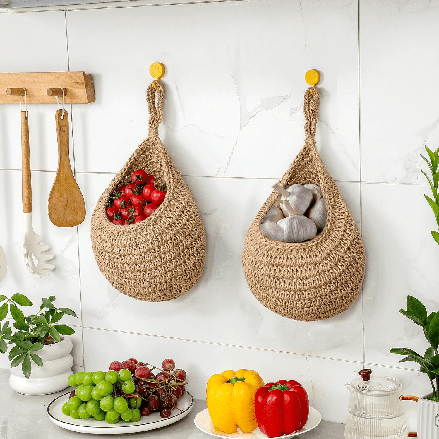Hanging Fruit Baskets for Kitchen 2 Pack Boho Jute Wall Hanging Fruit ...