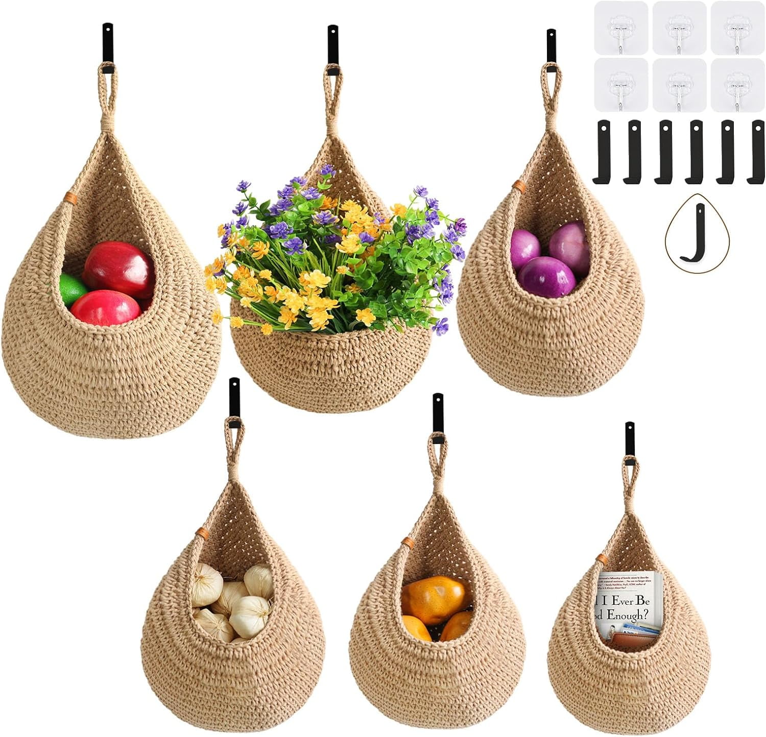 Hanging Fruit Baskets for Kitchen - 6 Pack Wall Hanging Basket ...
