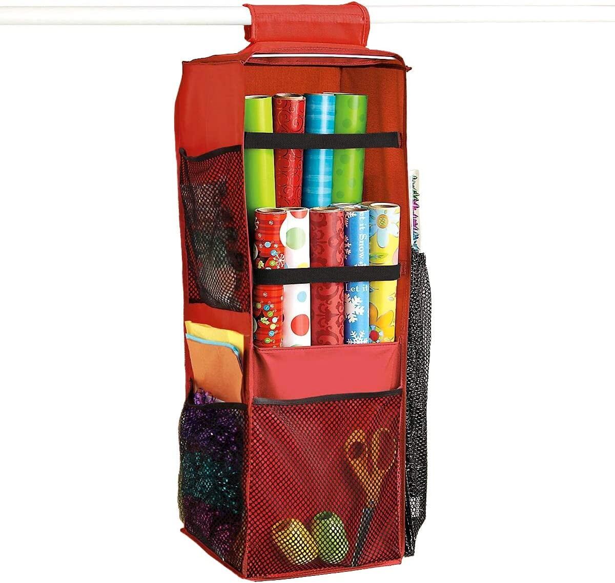 Hanging Gift Wrap Organizer - RED with BLACK Trim - (10” x 10” x 31 ...