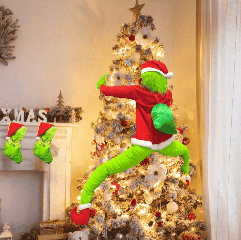 Hanging Grinch Decoration - Green Fur Monster Outdoor Climbing Santa ...